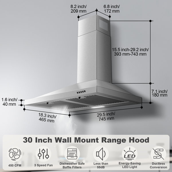 JOEAONZ 30-Inch 450 Cfm Convertible Range Hood, Wall Mount Stainless ...