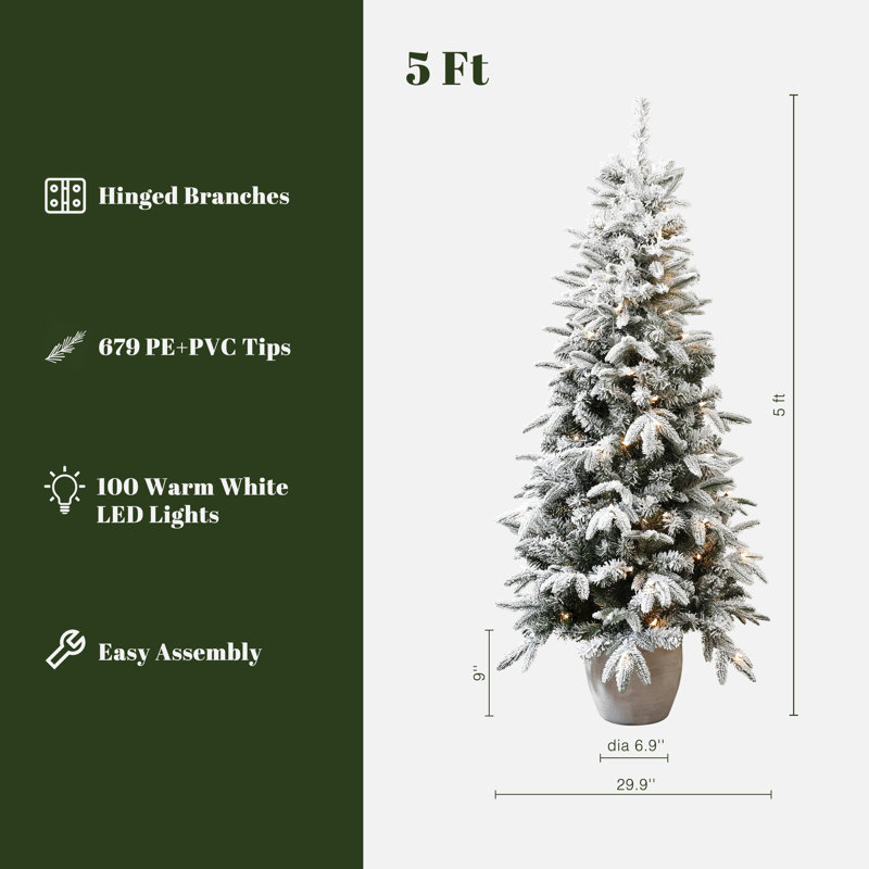 The Holiday Aisle® 5Ft Pre-Lit Snow Flocked Slim Fir Potted Artificial ...