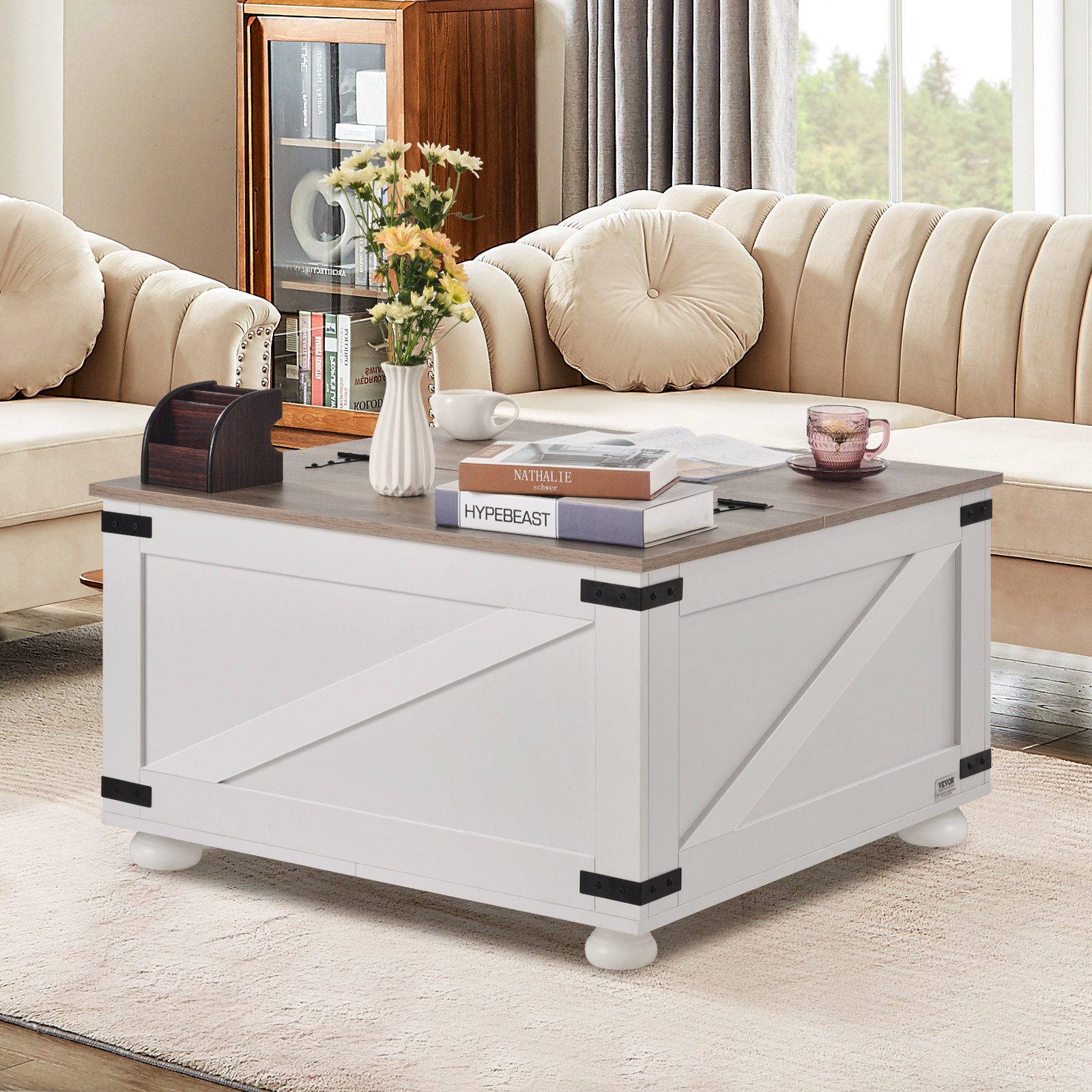 VEVOR 31.5" Farmhouse Coffee Table, Hinged Lift Top Coffee Square Table ...