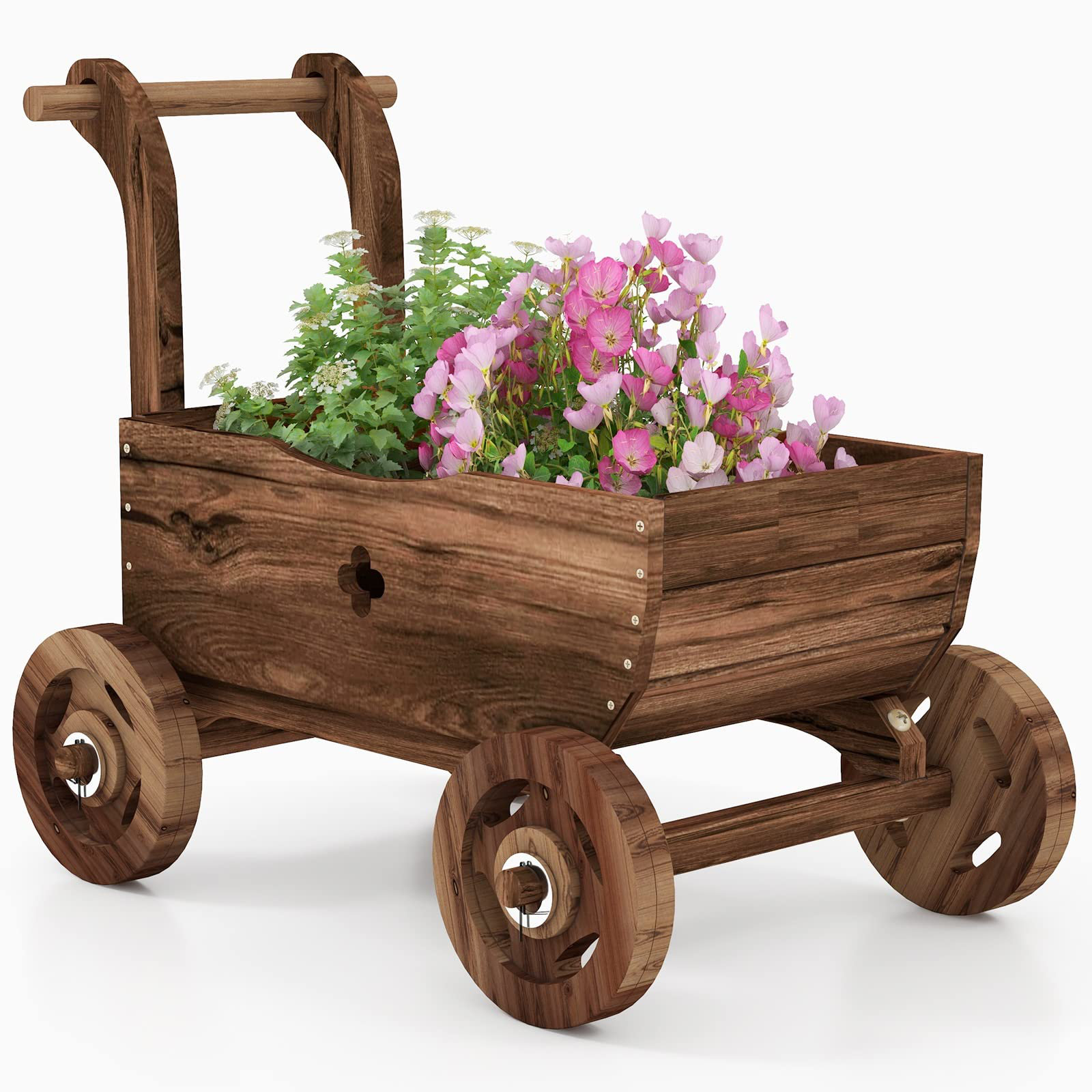 Millwood Pines Wooden Wagon Planter Raised Bed On Wheels, Handle ...