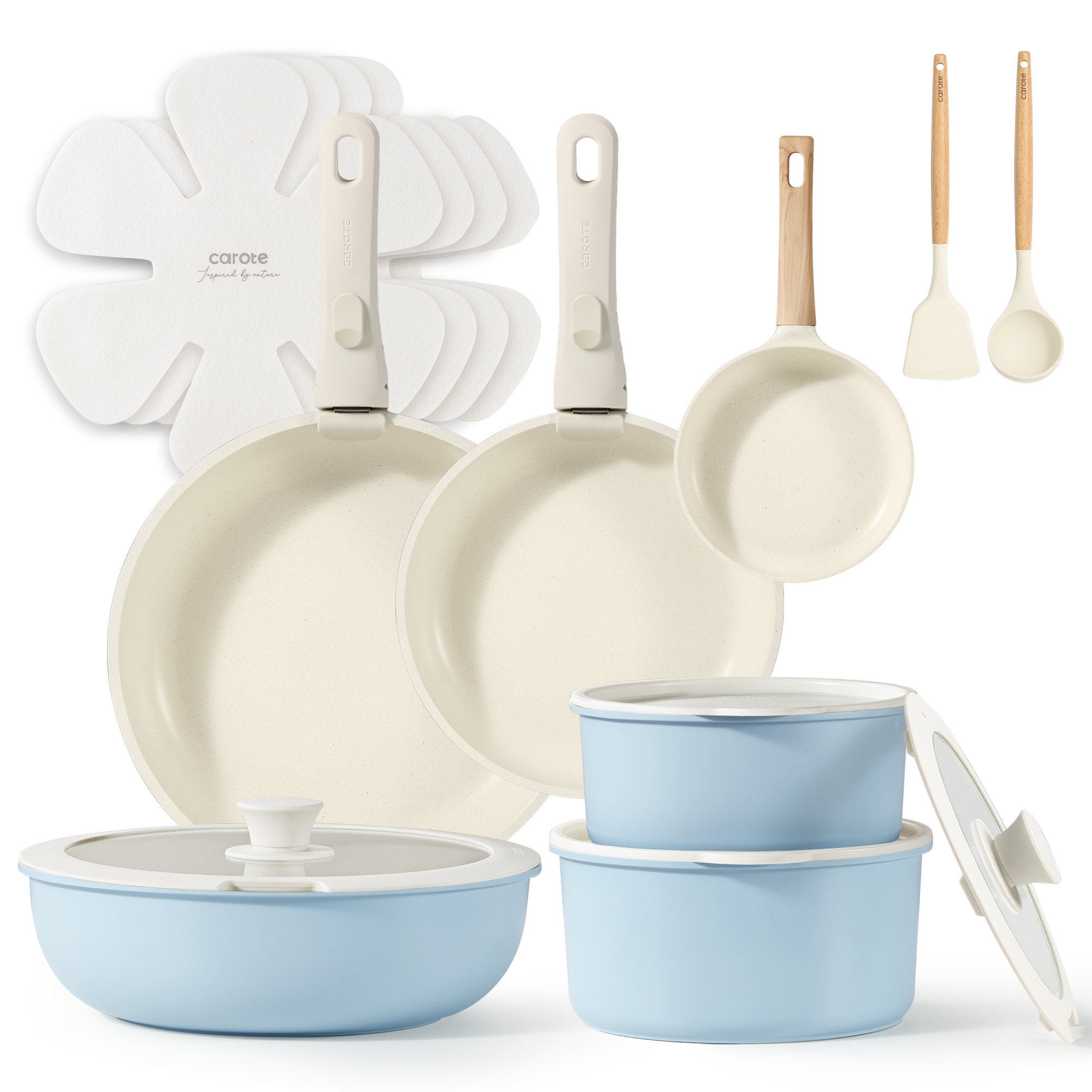 CAROTE 18-Piece Nonstick Cookware Set with Detachable Handle, Blue ...