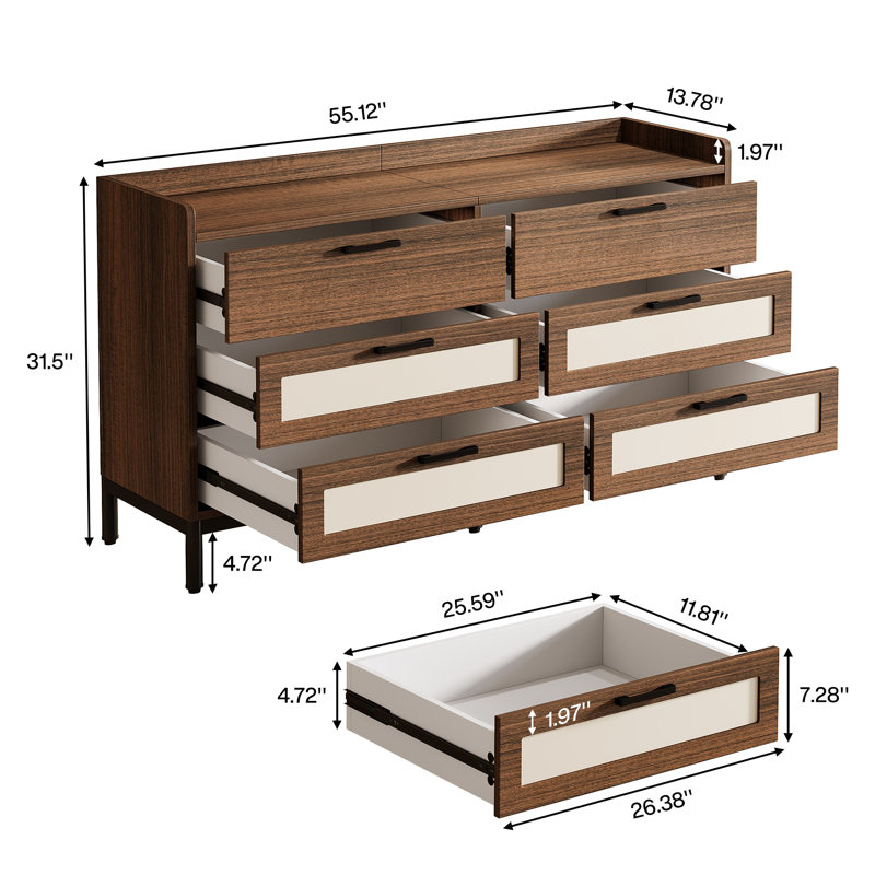 Millwood Pines 6-Drawer Dresser for Bedroom, 55" Mid-Century Rustic ...
