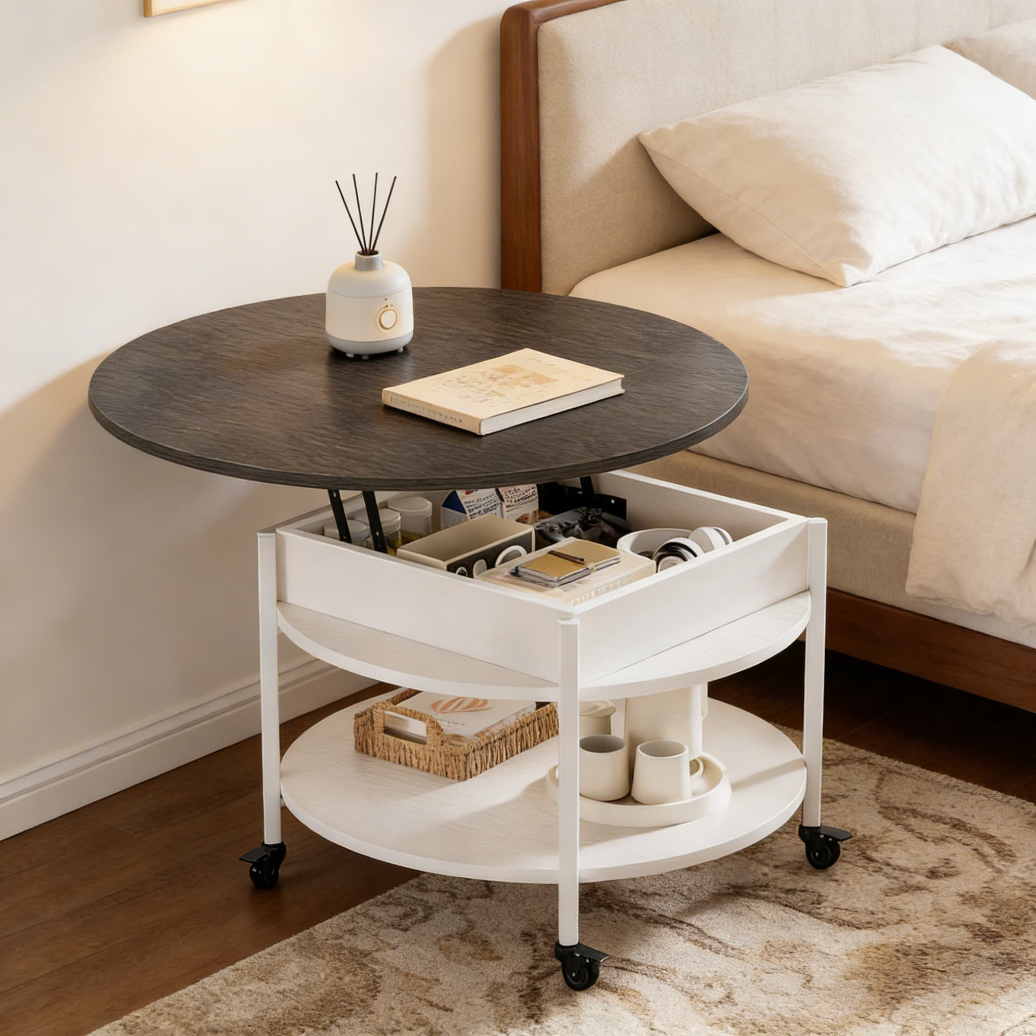 17 Stories Round Lift-Top Coffee Table With Locking Wheels And Storage ...