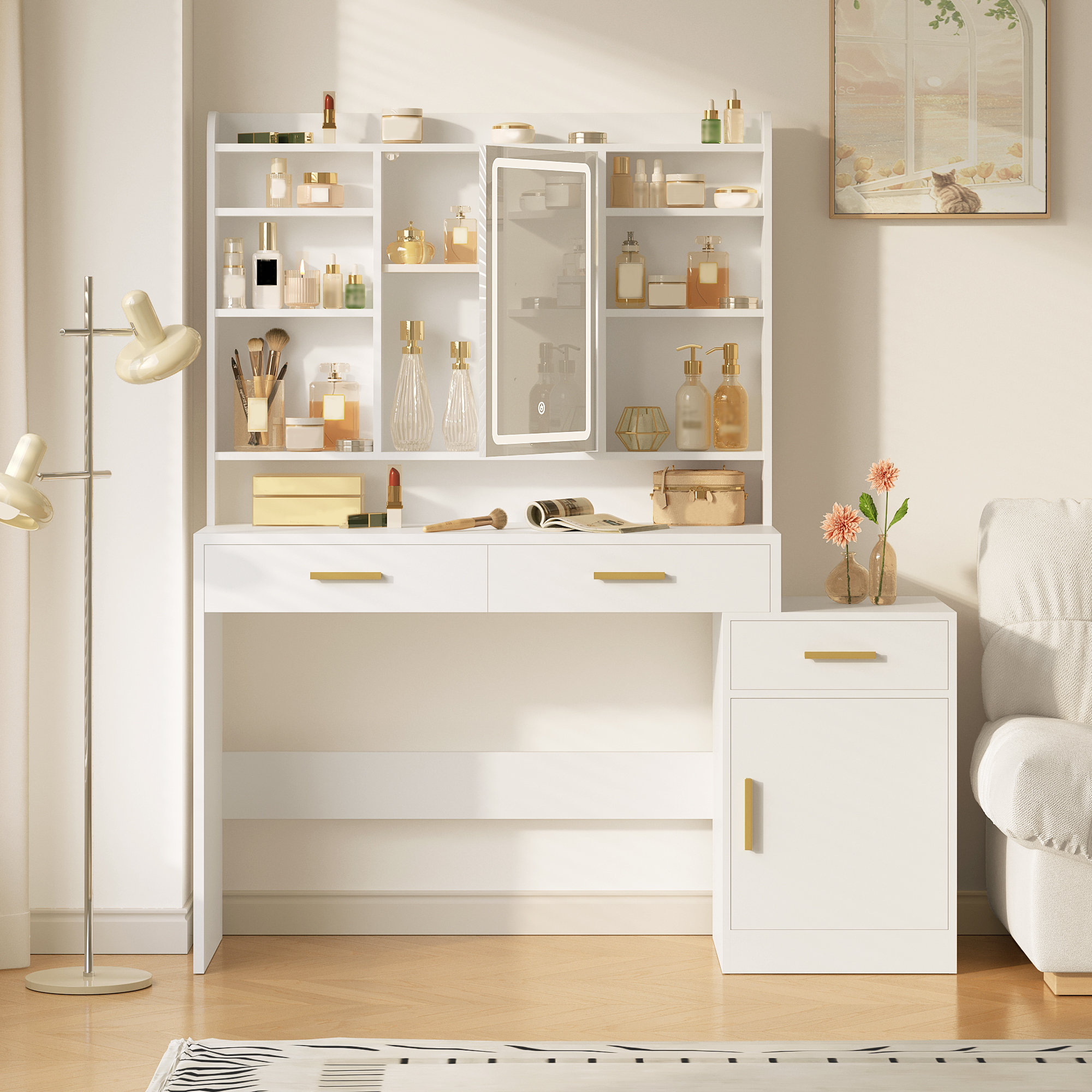 Mercer41 Large Vanity Desk with Light Mirror, Makeup Vanity Dressing ...