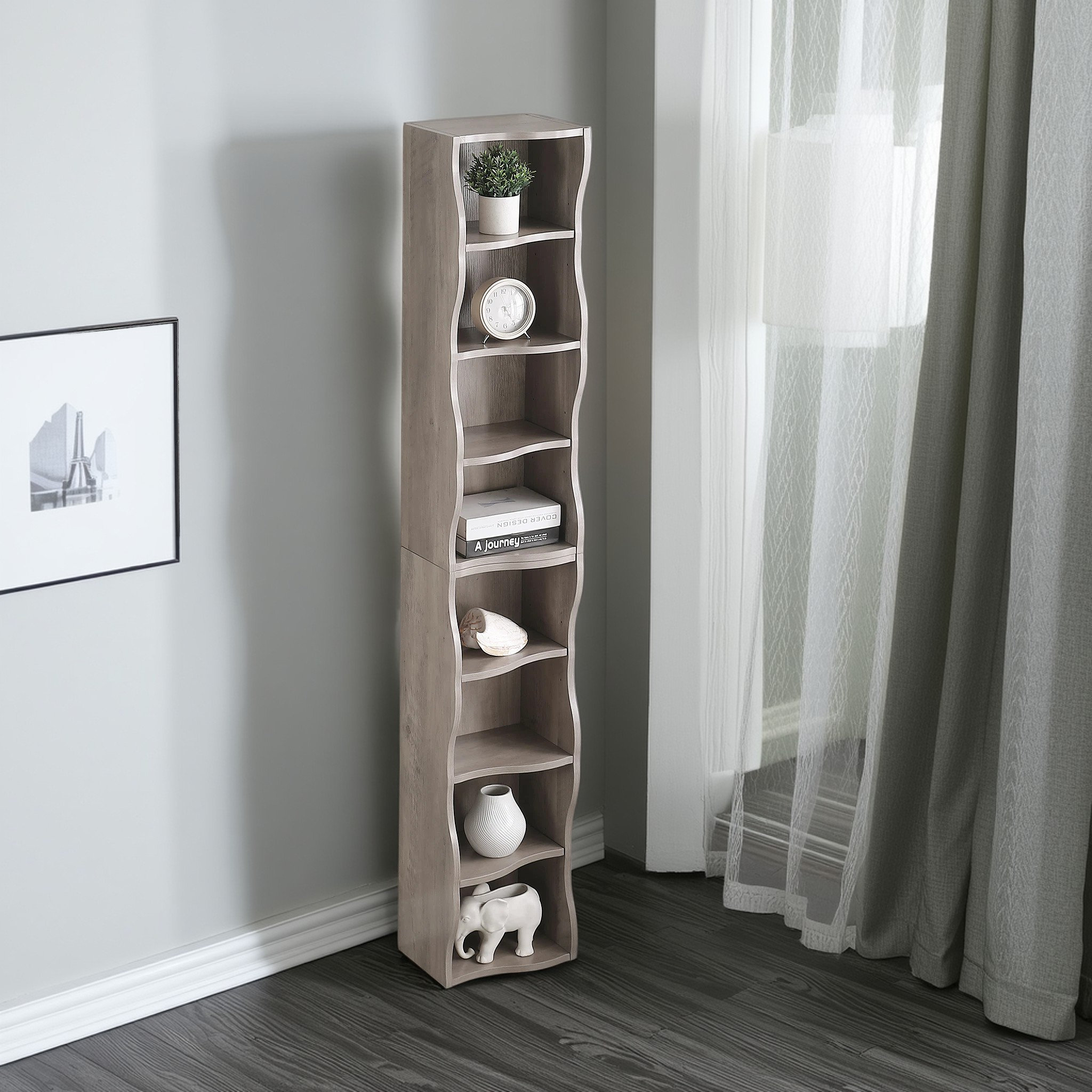 Ivy Bronx 8 Tier Adjustable Shelf Ultra Thin Bookcase with Wavy Border ...