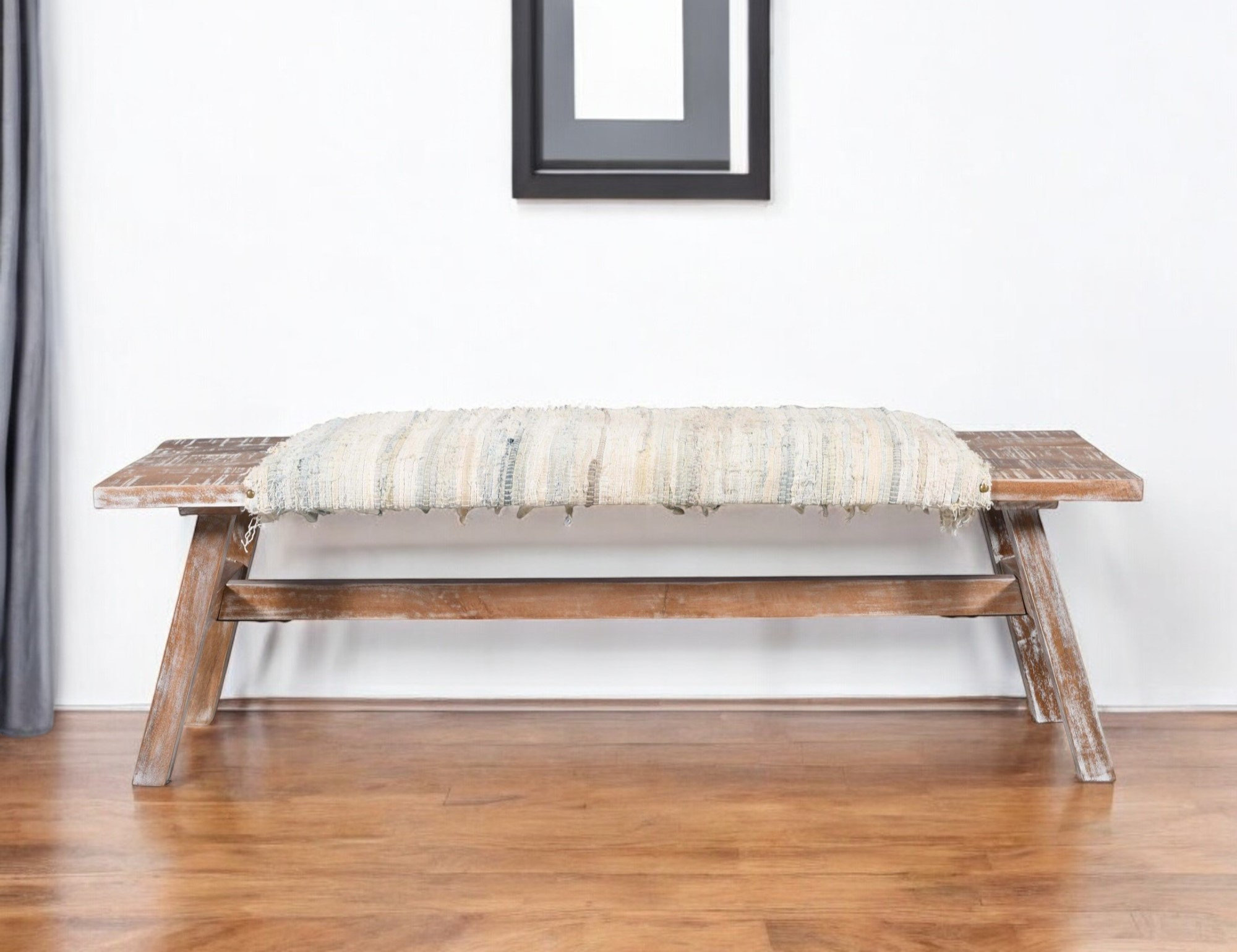 HomeRoots 50" White and Brown Cotton Upholstered Striped Bench | Wayfair