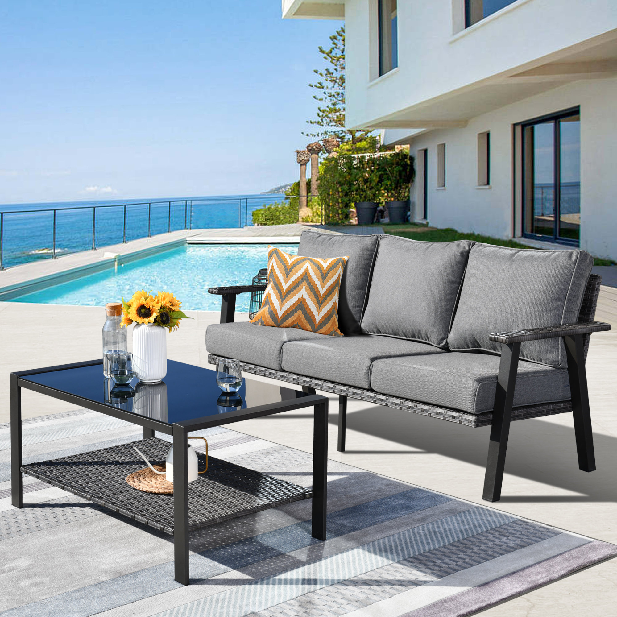 Latitude Run® Hawally Outdoor Wicker Patio Sofa with Cushions with ...