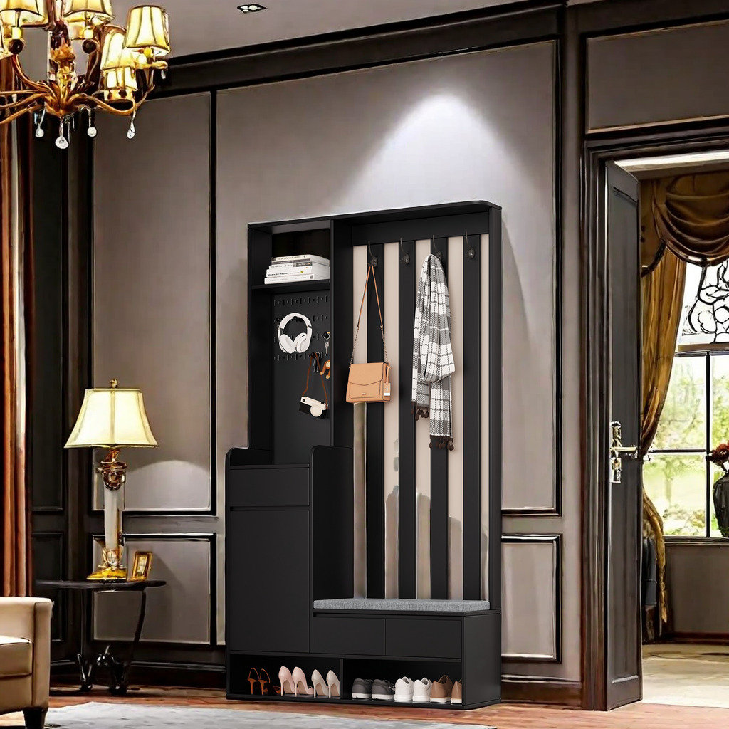 Hokku Designs Contemporary Hall Tree With Cushioned Bench, 4 Hooks, And ...