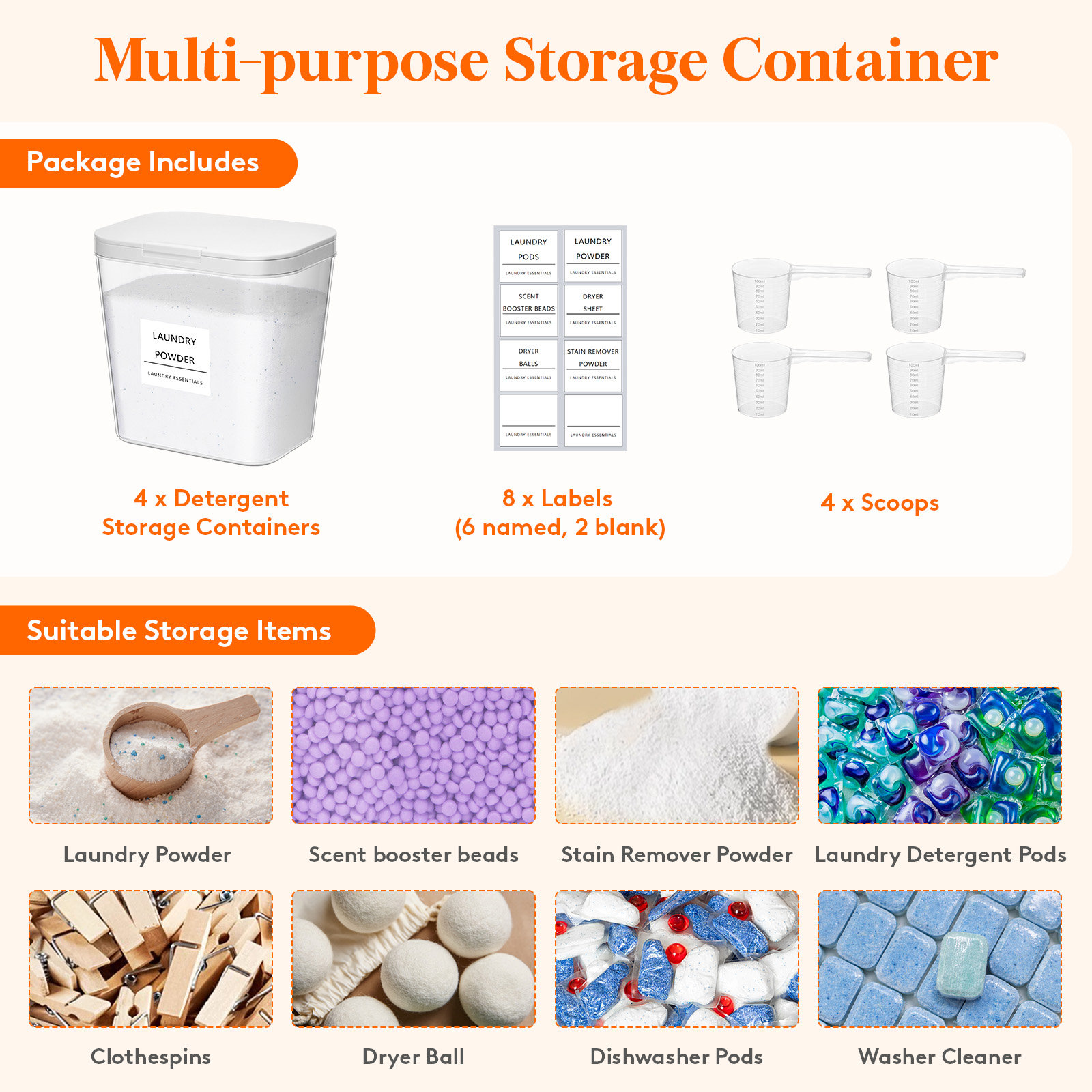 Lifewit Paquet de 4 contenants à lessive avec étiquettes et pelles à ...
