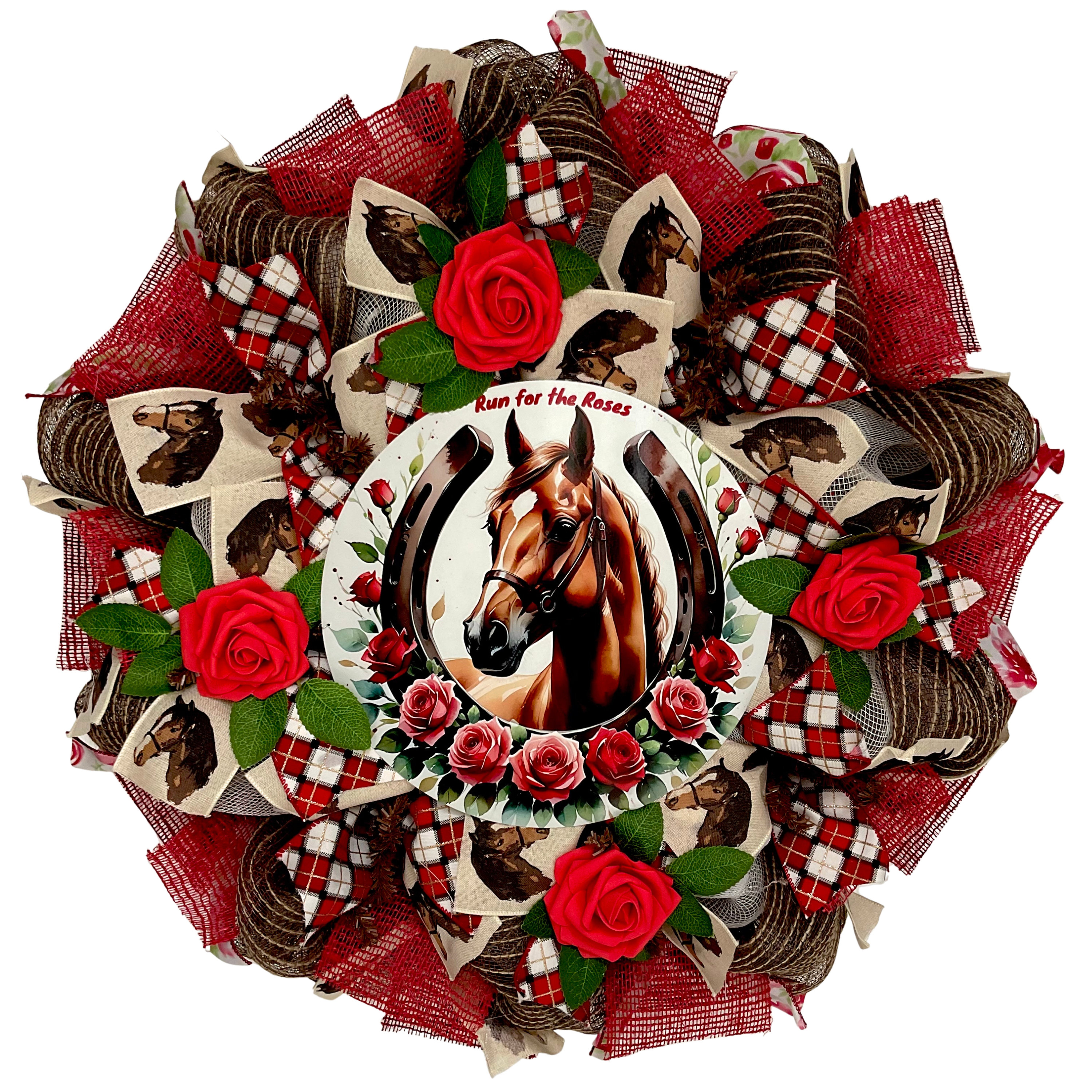 One Allium Way® Horse Racing Wreath With Roses Handmade Deco Mesh | Wayfair
