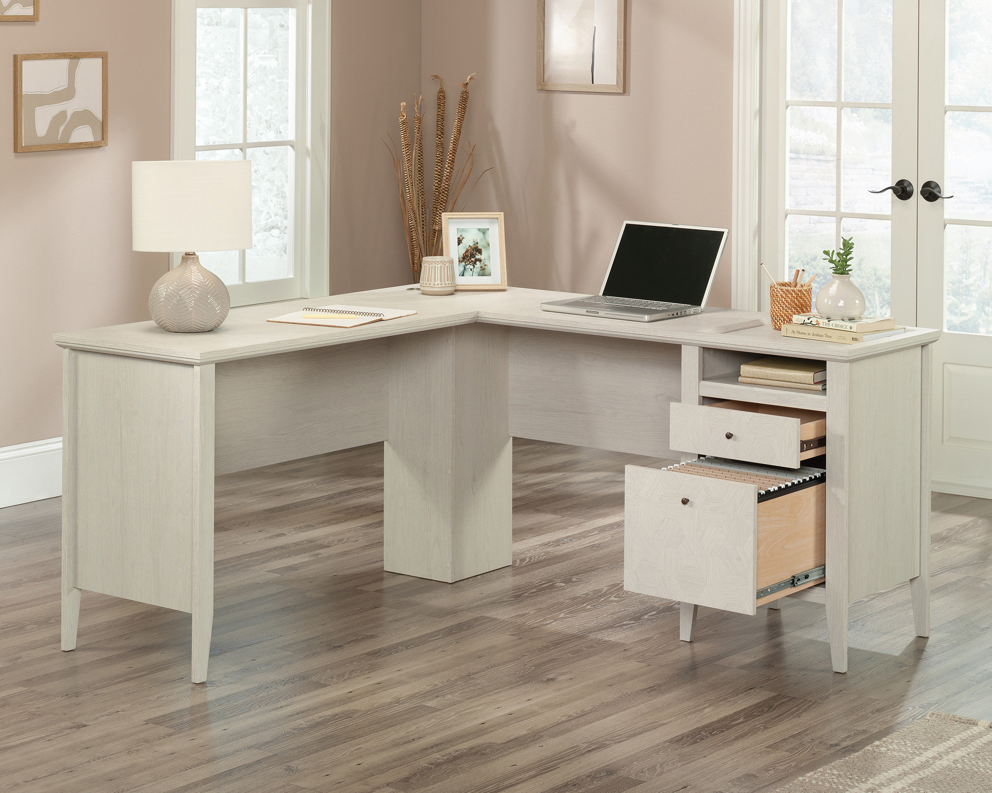 Latitude Run® L-Shaped Desk with Drawers in Glacier Oak - Wayfair Canada