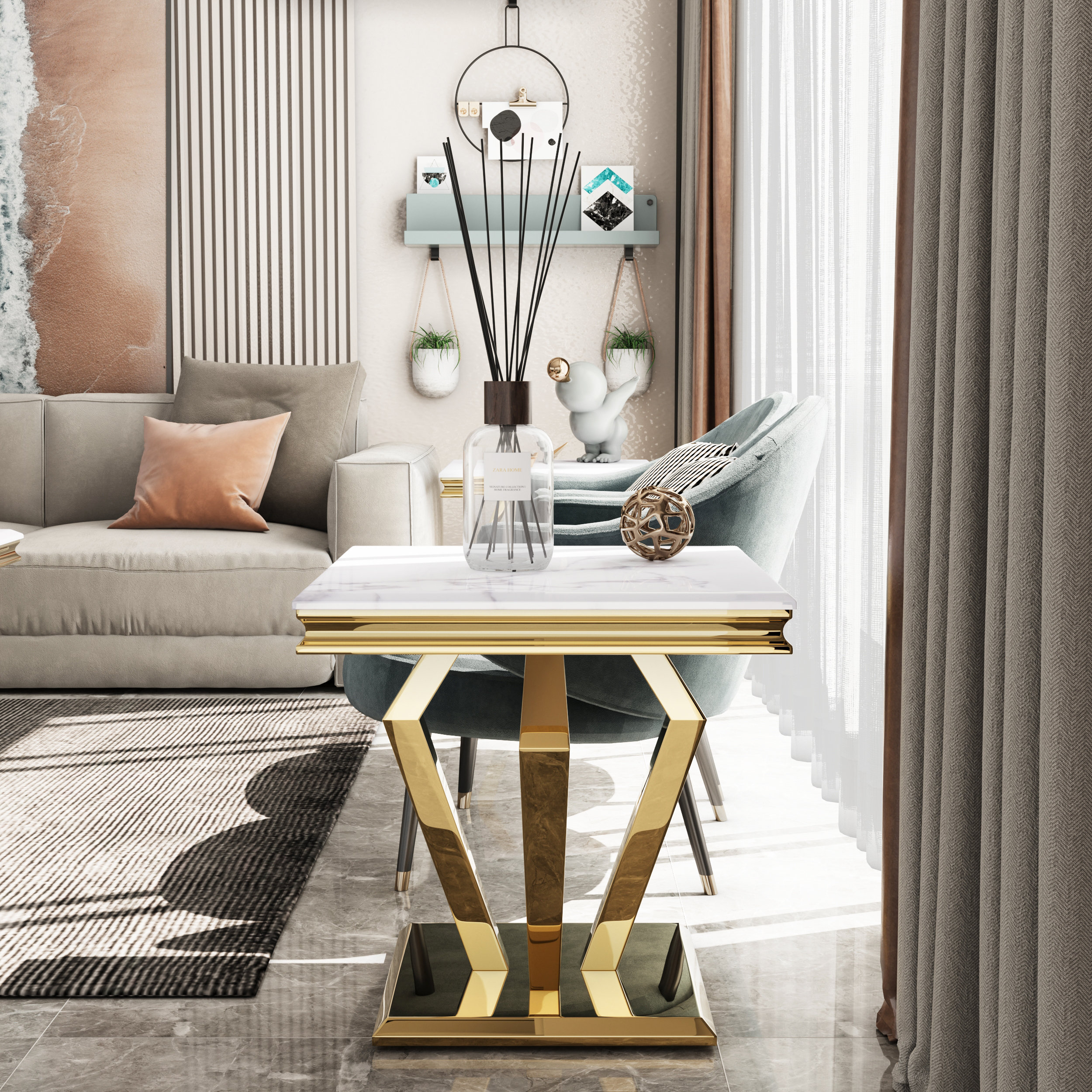 Mercer41 Gold End Table with Gorgeous Polished Stainless Steel Diamond ...