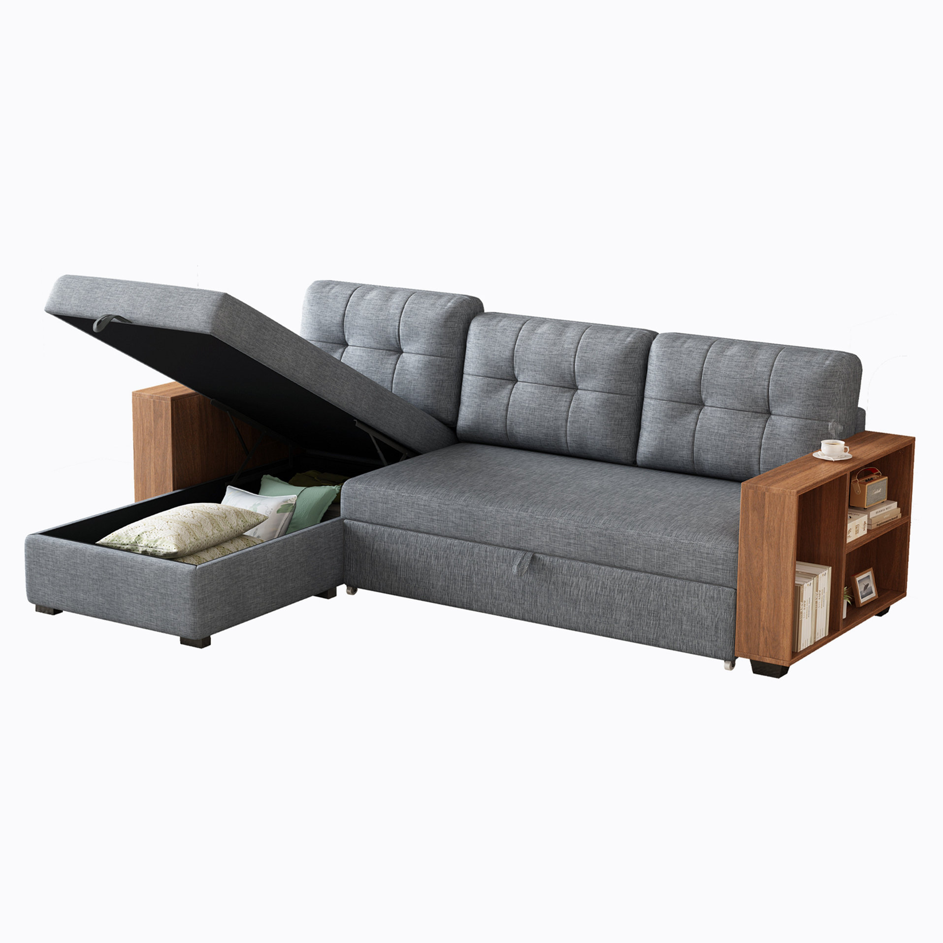 Latitude Run® Upholstered Pull Out Sectional Sofa with Storage Chaise ...