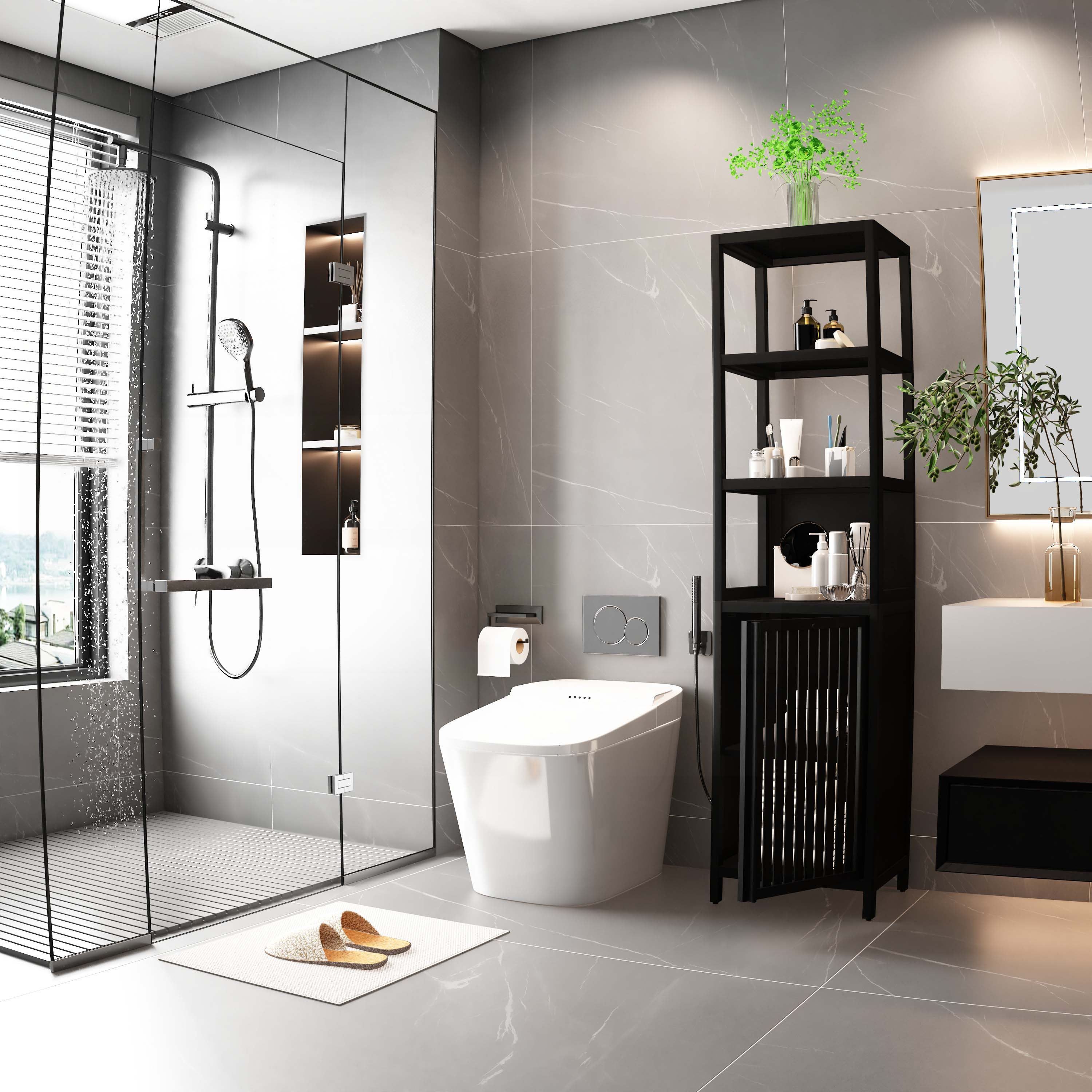 Latitude Run® Freestanding Bathroom Tall Slim Cabinet with Shutter Door ...