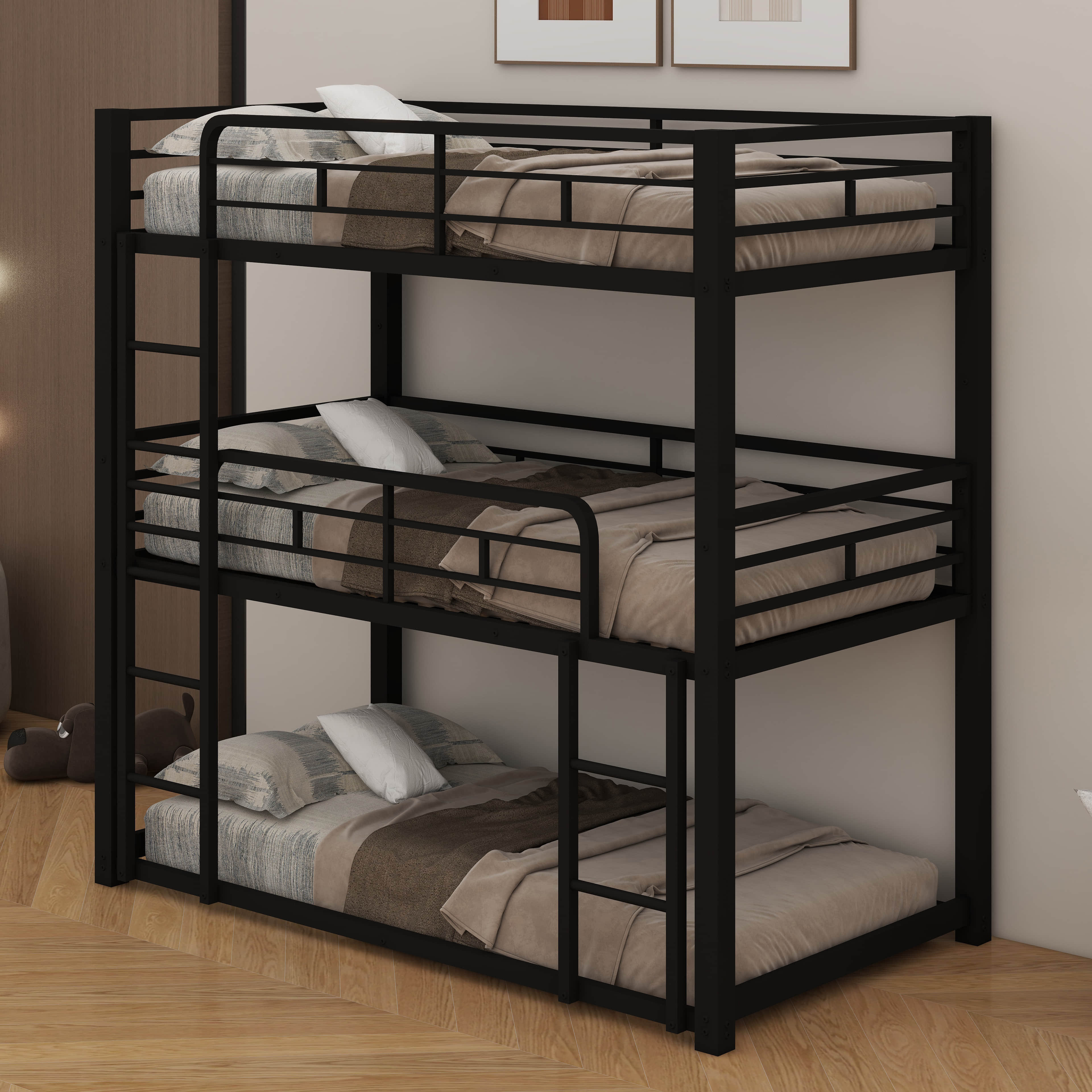 Latitude Run® Twin Size Triple Bunk Beds With Long And Short Ladders ...