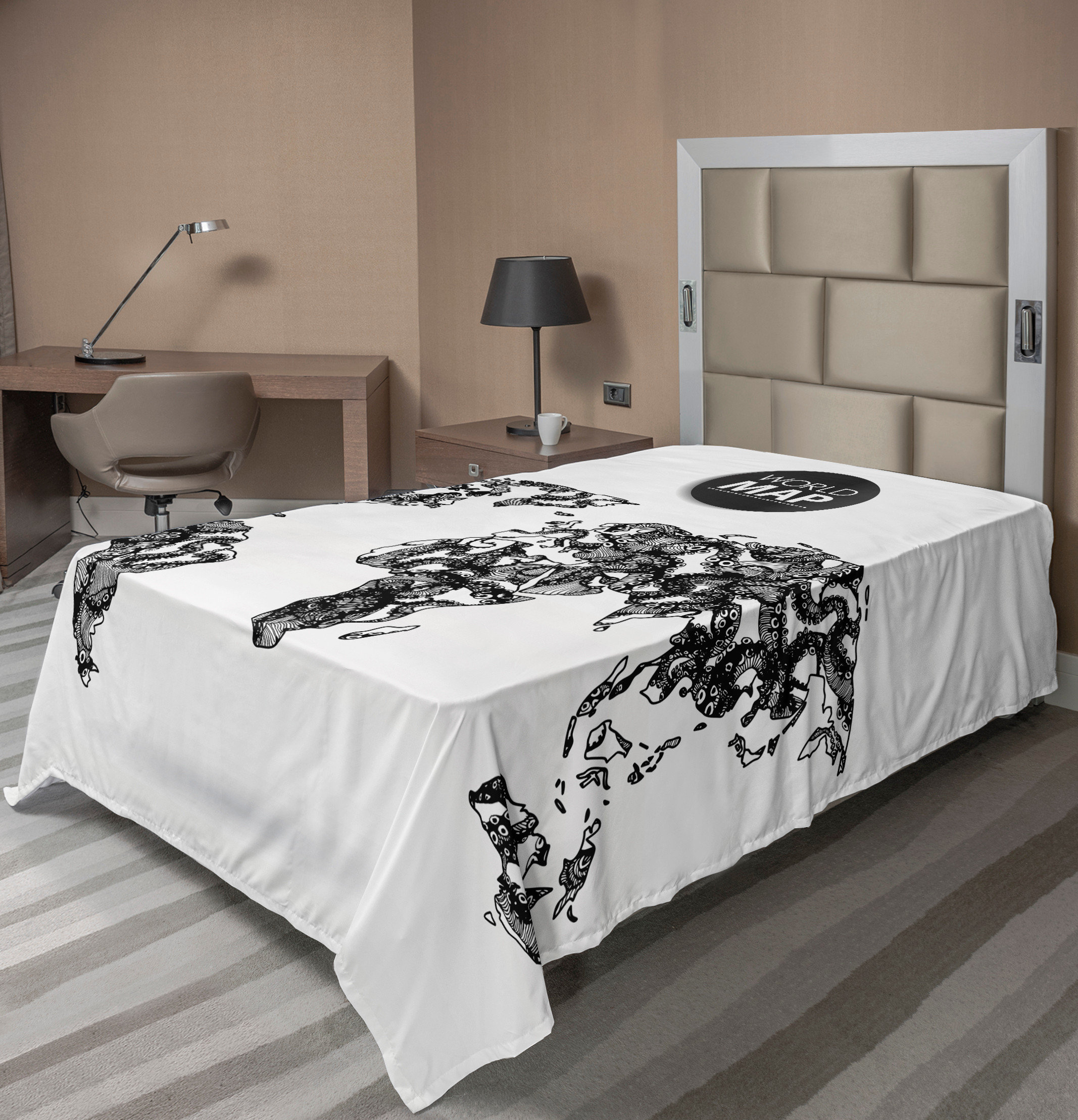 Ambesonne Black White Top Flat Sheet Octopus World Map Queen White ...