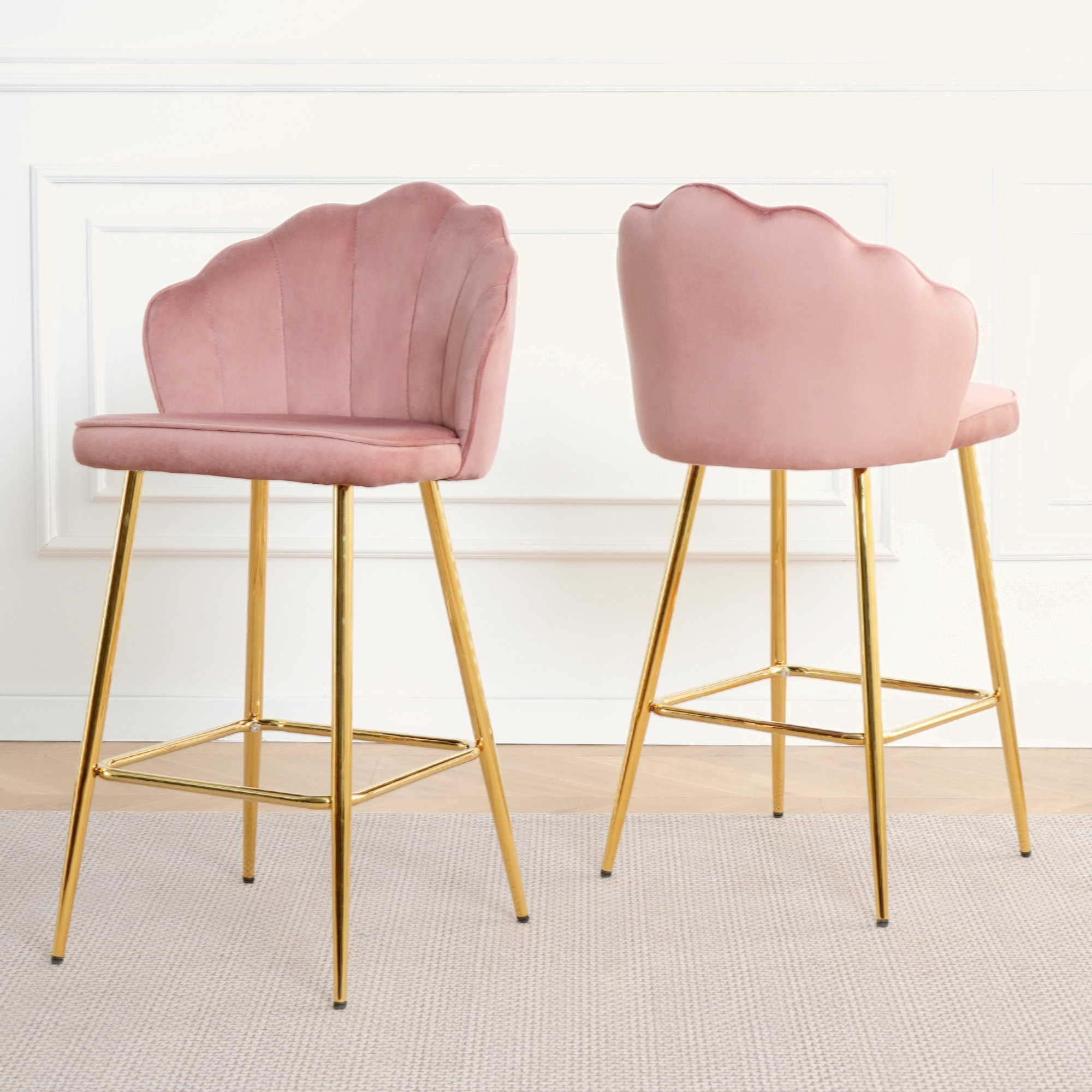 Everly Quinn Shell Shape Velvet Bar Chair, Gold-Plated Metal Chair Legs ...