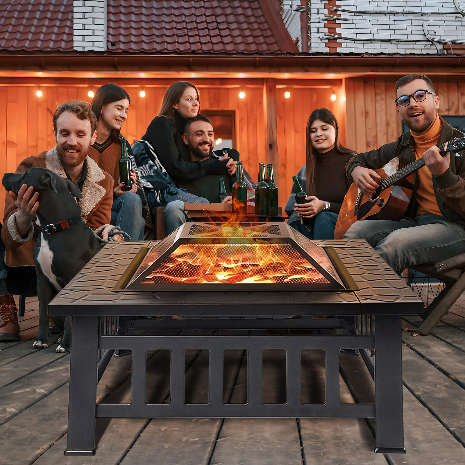 Arlmont & Co. 32" Fire Pit Table, Outdoor Wood Burning Fire Pit With ...