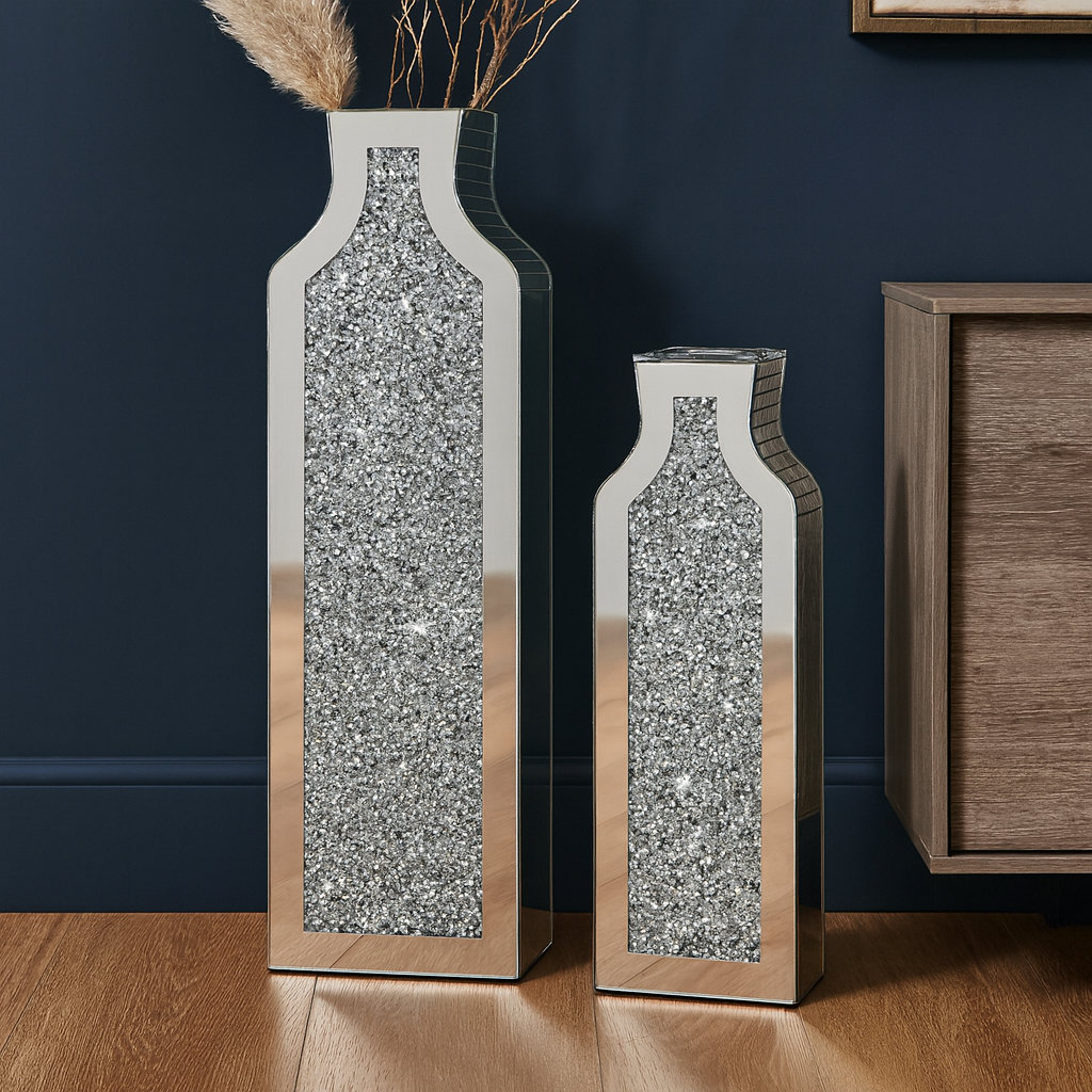 Ebern Designs Set of Two Silver Mirrored Glass Floor Vases With Faux ...