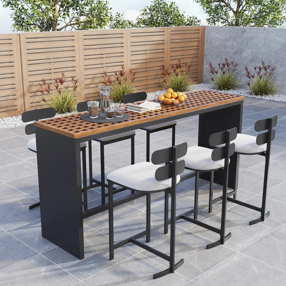 Hokku Designs 7 Pieces Rectangle Outdoor Patio Bar Dining Set with Teak ...