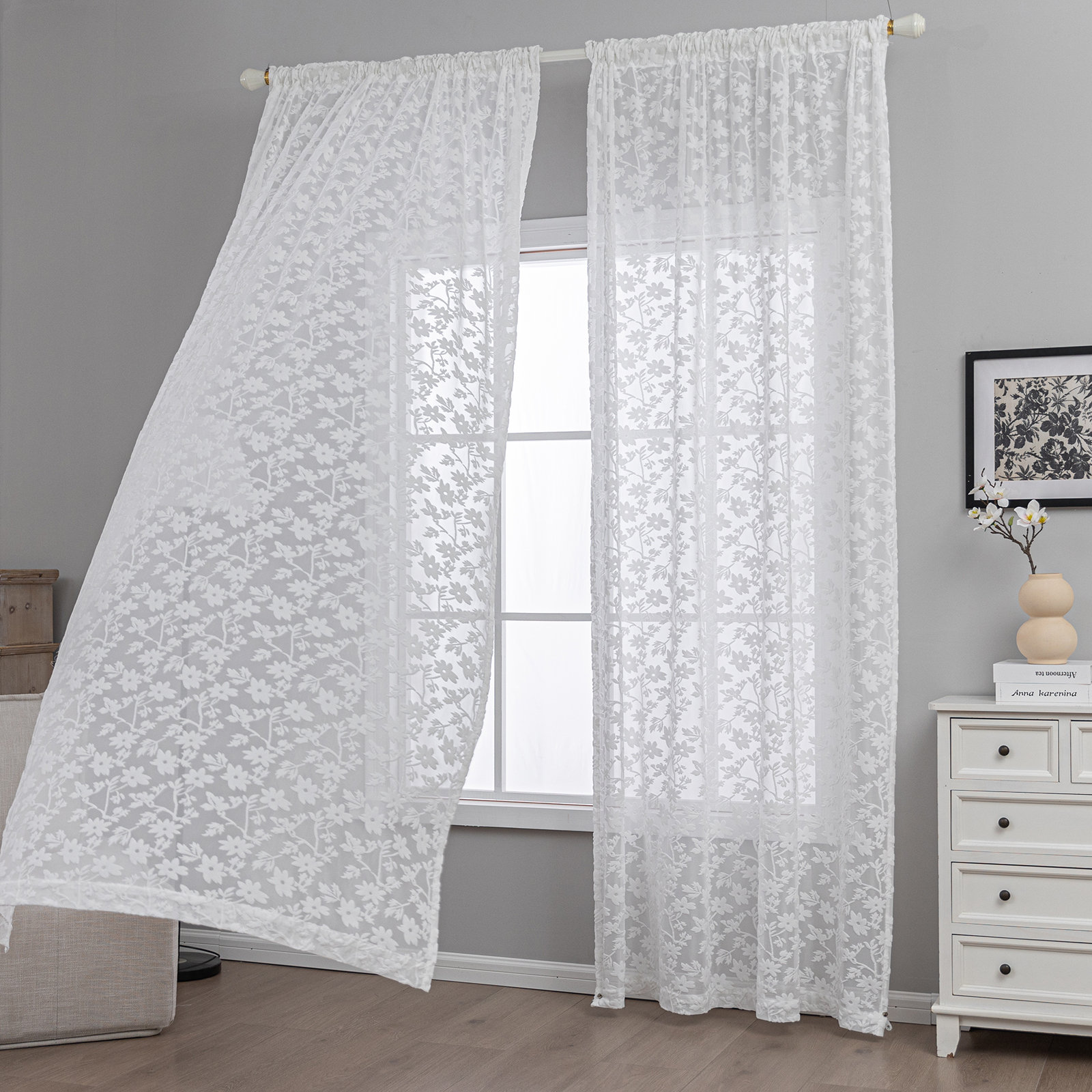 Red Barrel Studio® 3D Floral Sheer Curtains White Lace Curtain Drapes ...