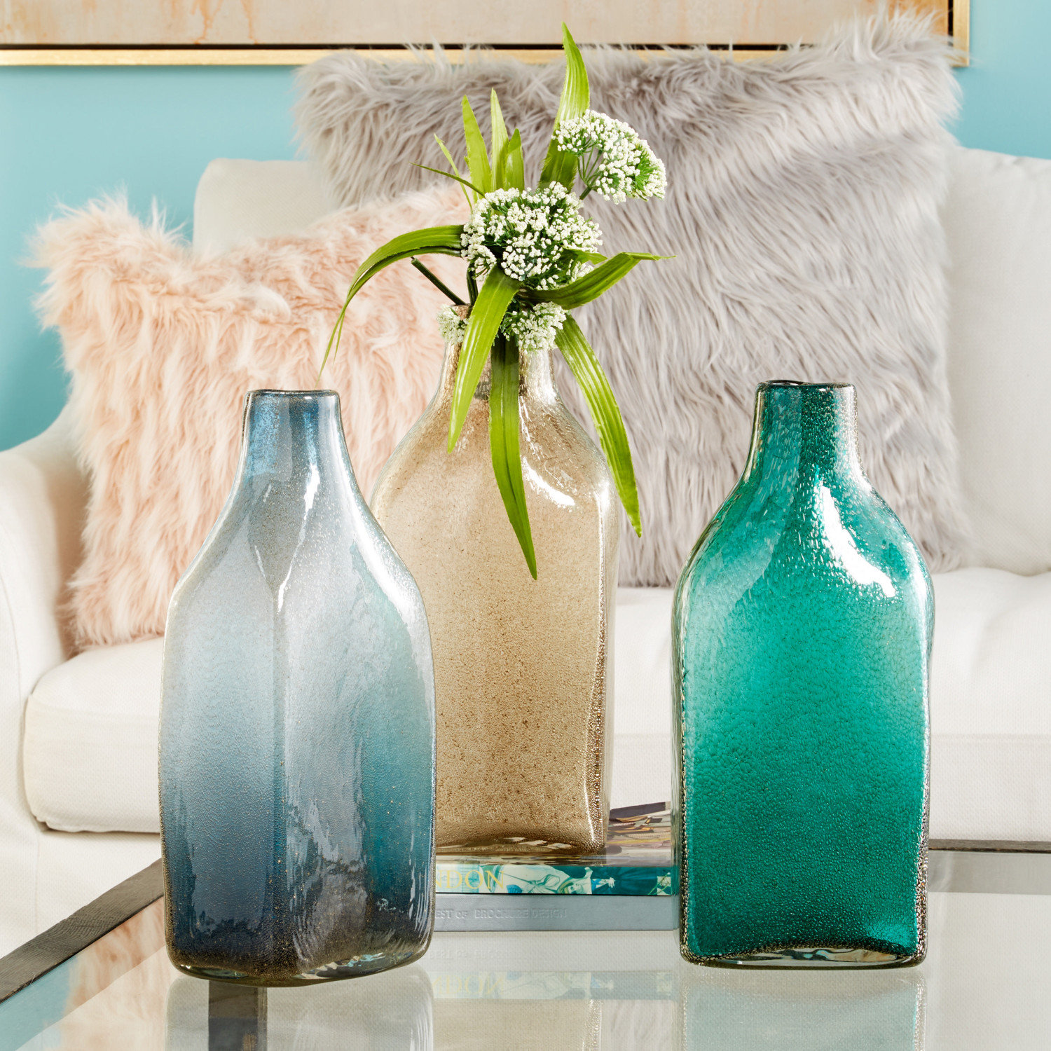 CosmoLiving by Cosmopolitan 3 Piece Green/Moss/Peach Glass Table Vase ...