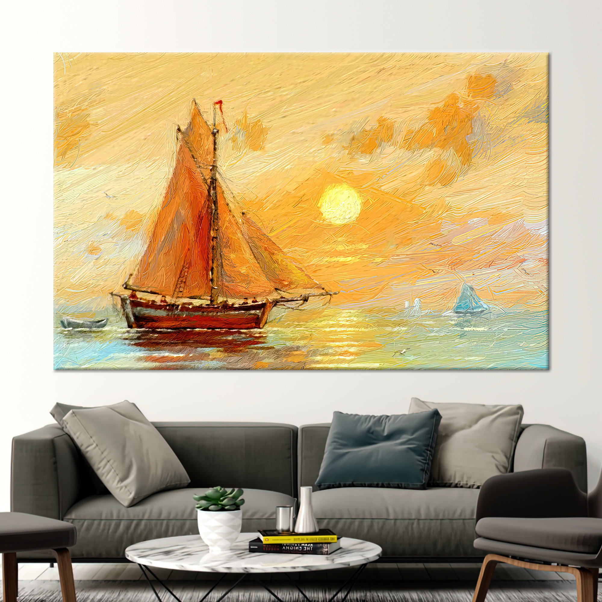 kayra export Abstract Fishing Boats at Sunset Canvas Art - Nautical ...