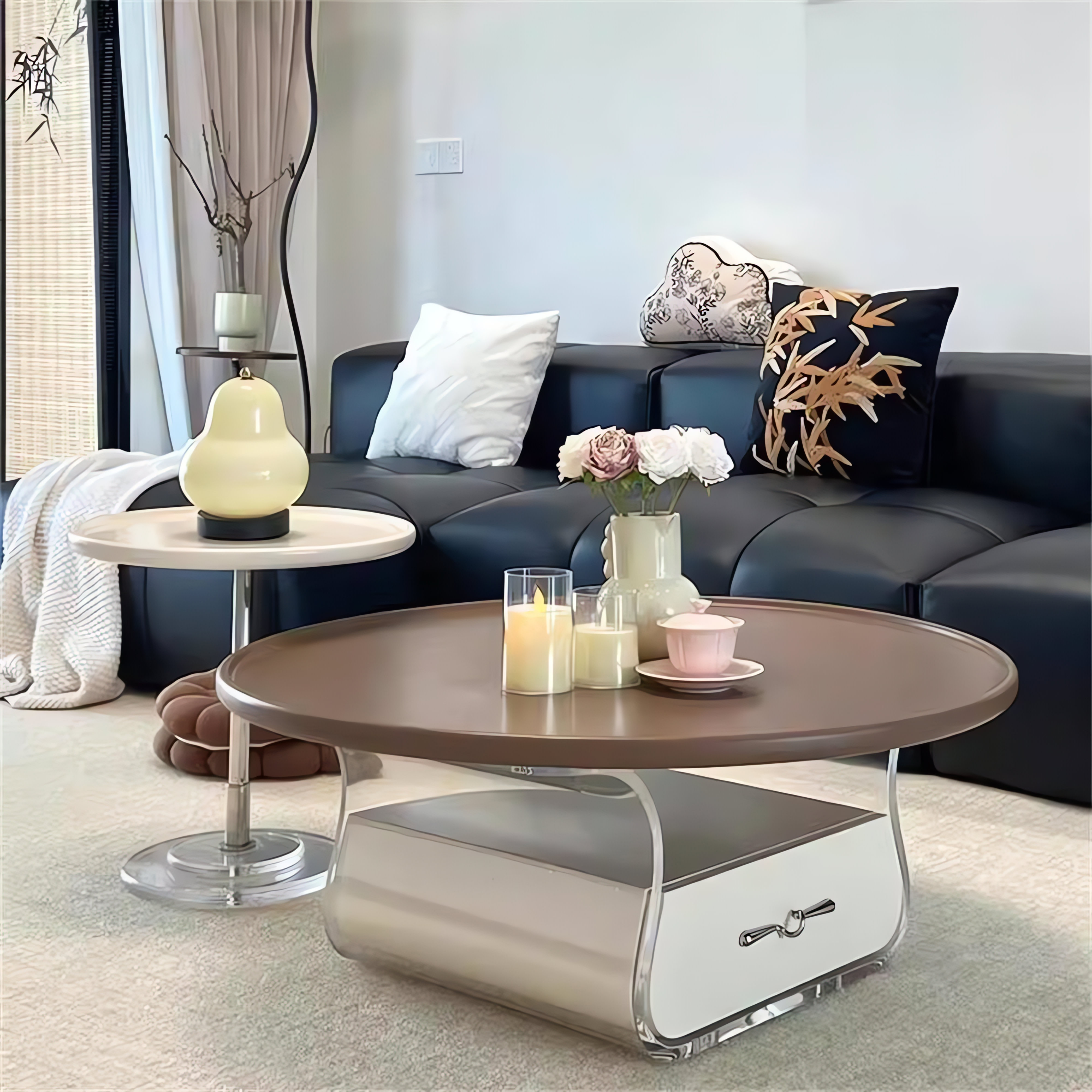 Blue Ridge Lumina Walnut Round Small Simple Coffee Table With A Drawer ...