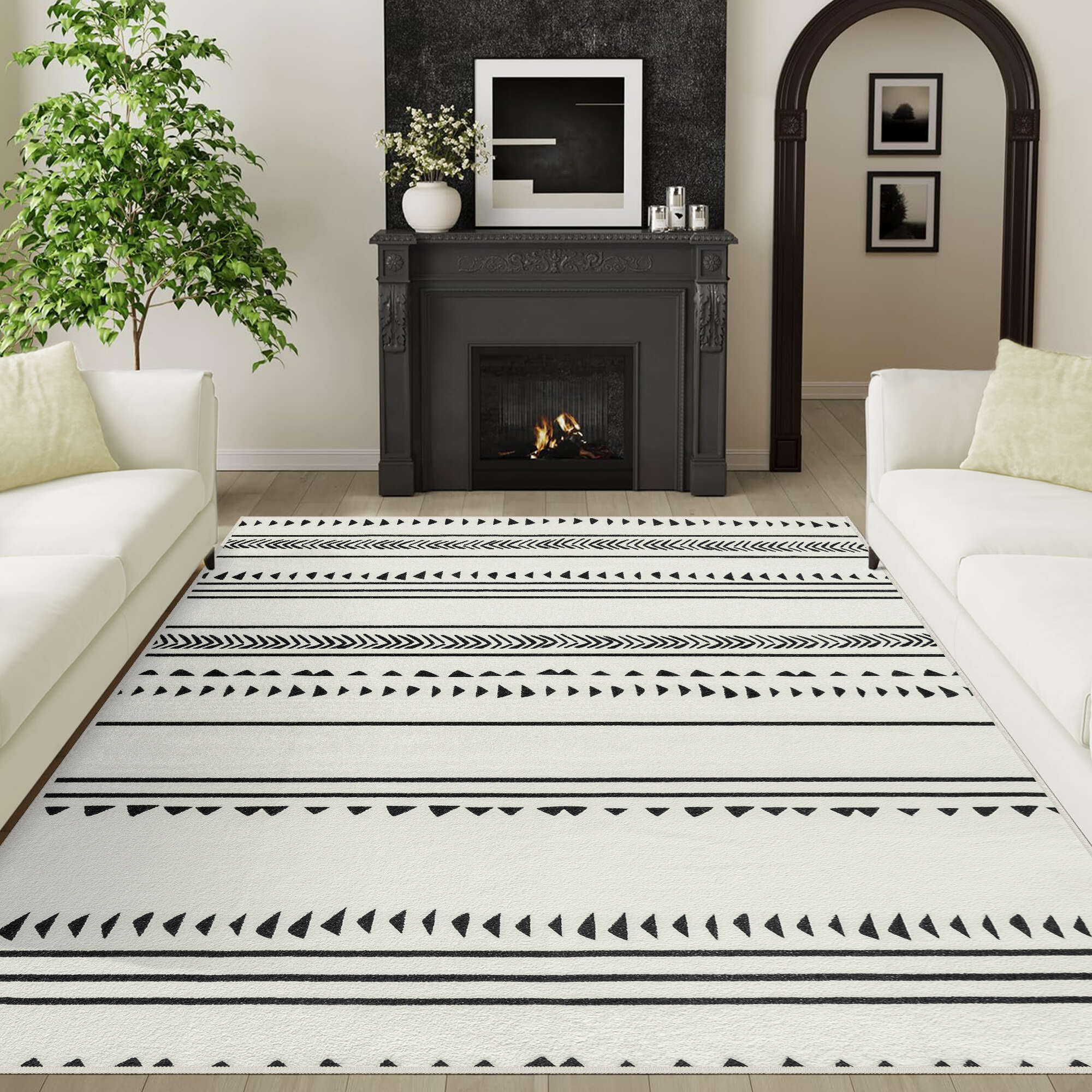 Union Rustic Washable Rugs 5X7,Geometric Boho Rug Soft Black And Beige ...
