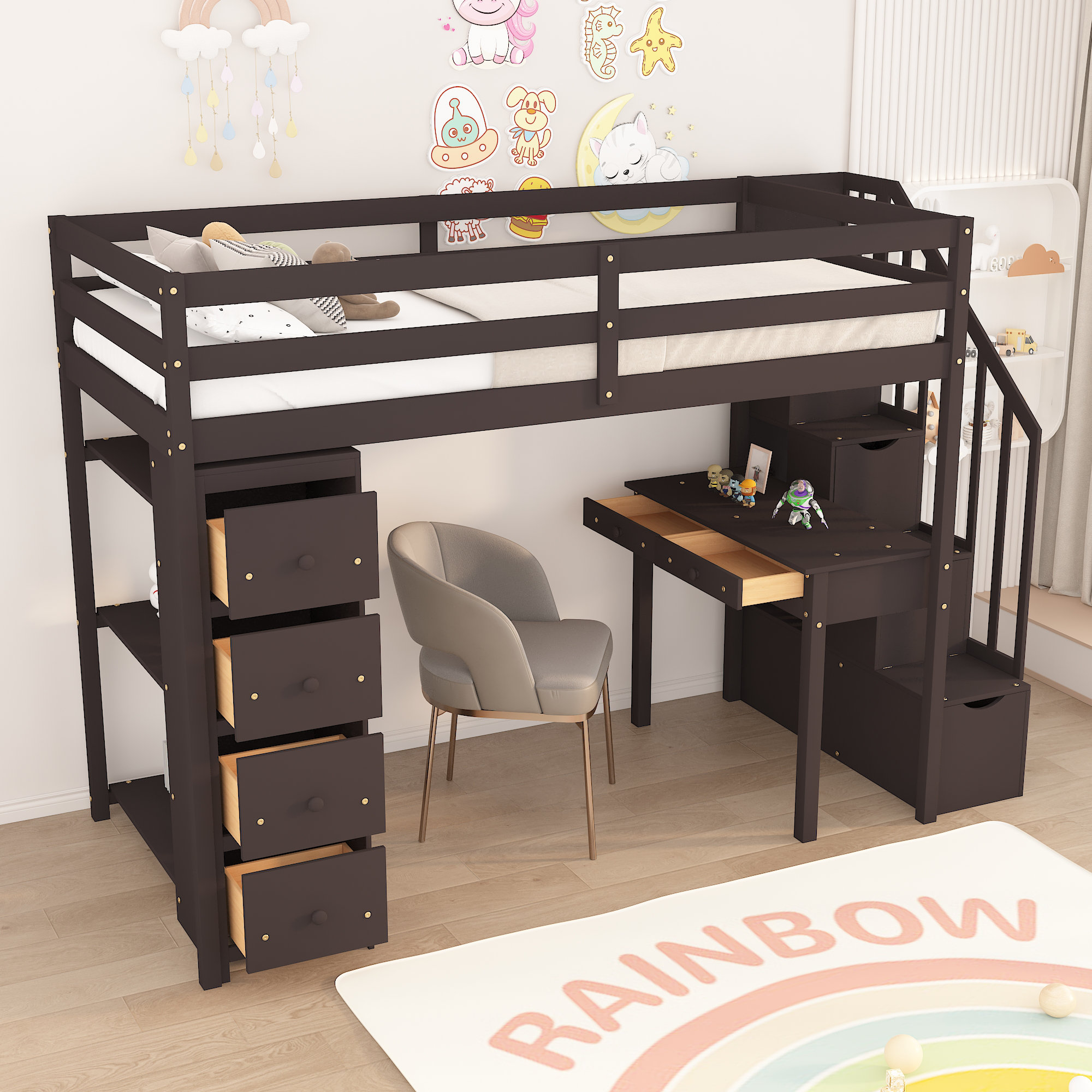 Harriet Bee Hayzlee Kids Twin Loft Bed with Storage Drawers ,Desk and ...