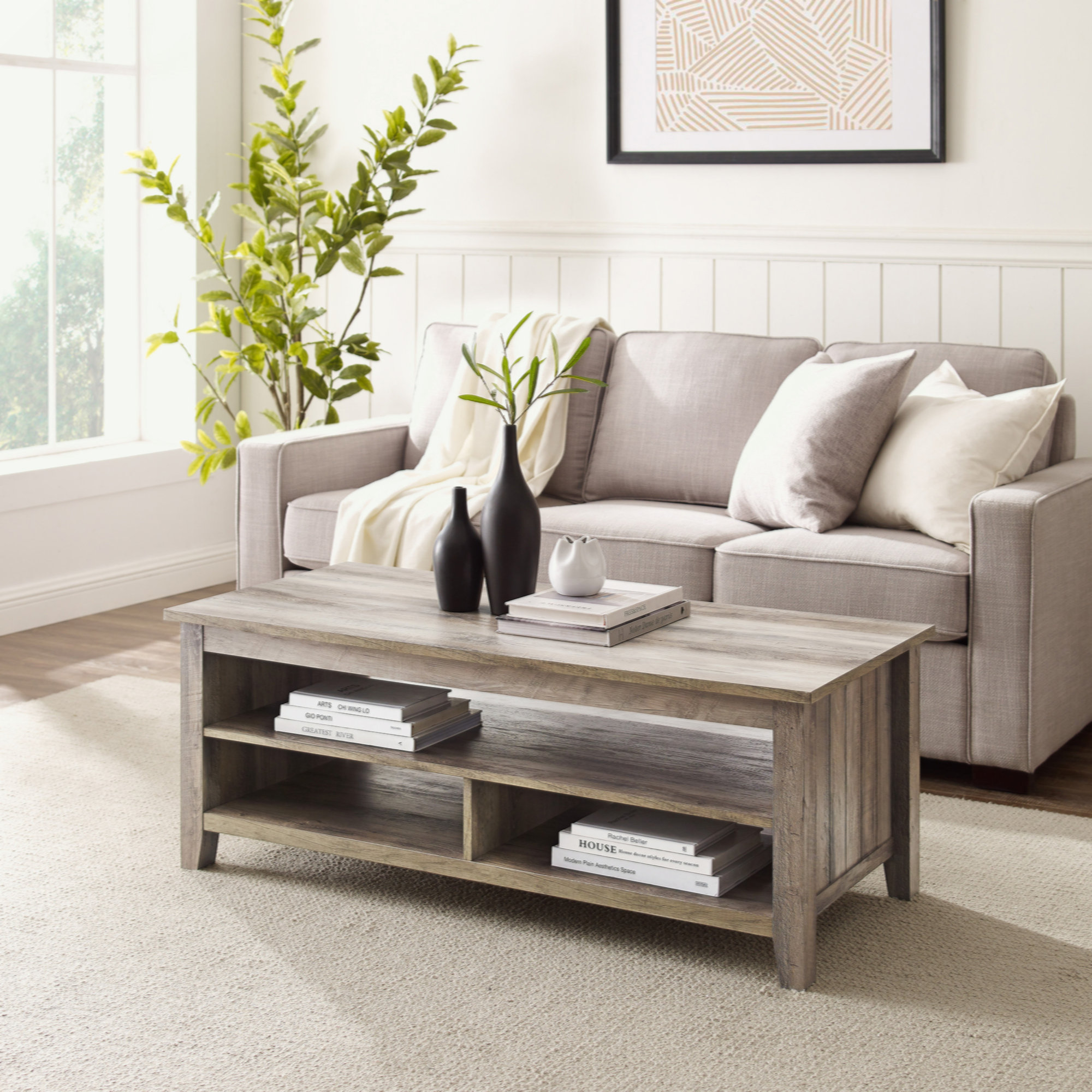 Dovecove Coastal Grooved Panel Coffee Table With Lower Shelf – Grey ...
