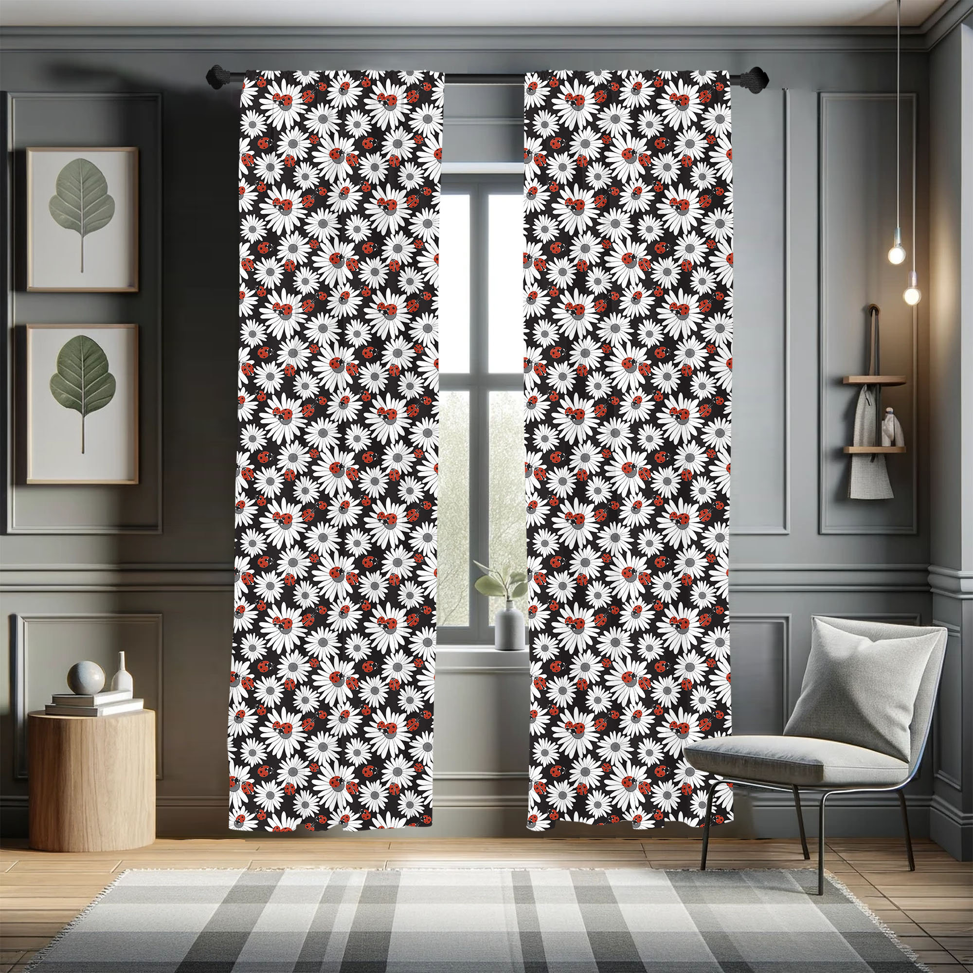 East Urban Home Ladybug Floral Semi-Sheer Rod Pocket Curtain Panels ...
