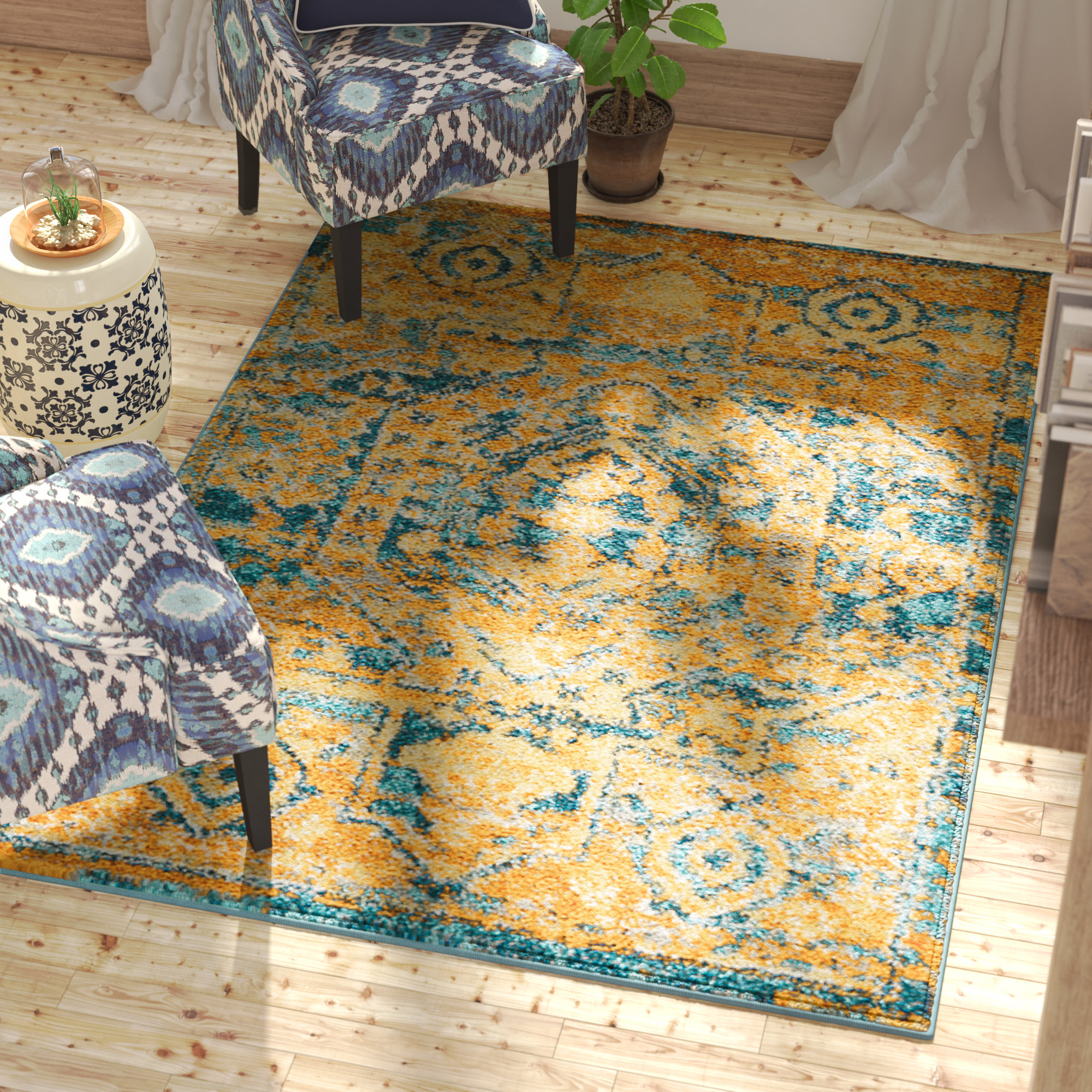 Langley Street® Verda Oriental Sunny Gold/Teal Blue Area Rug & Reviews ...