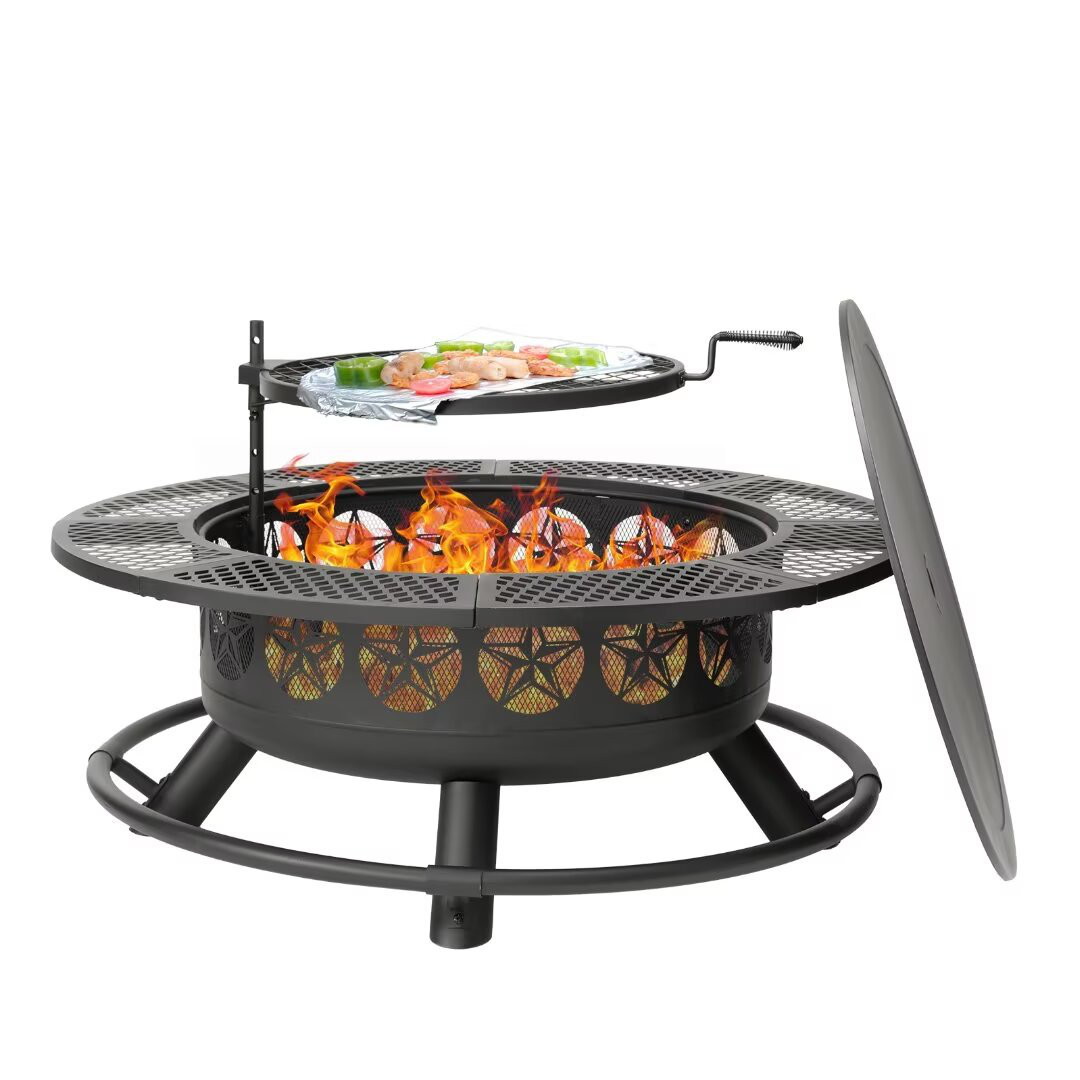 Winston Porter Wood Burning Fire Pit With Grill And Lid | Wayfair