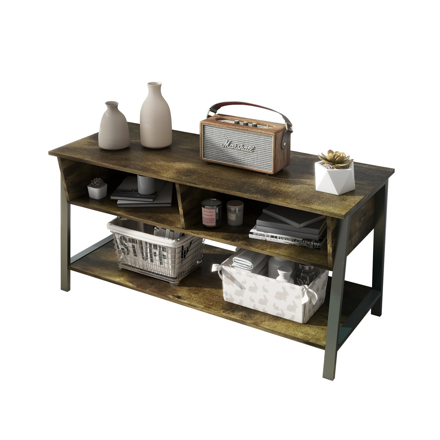 17 Stories Wooden 3-Shelf Console Table With Storage Compartments ...