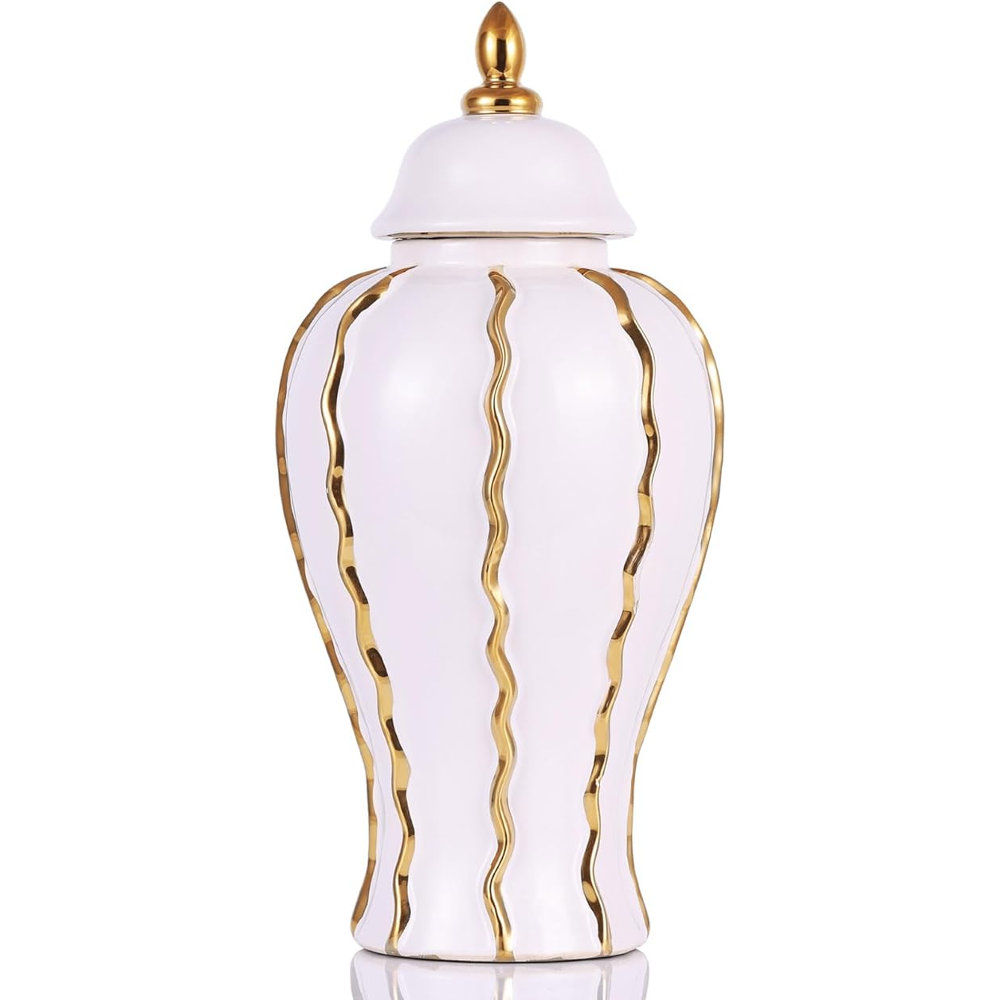 House of Hampton® 18.1" White and Gold Ceramic Ginger Jar Vase with Lid ...