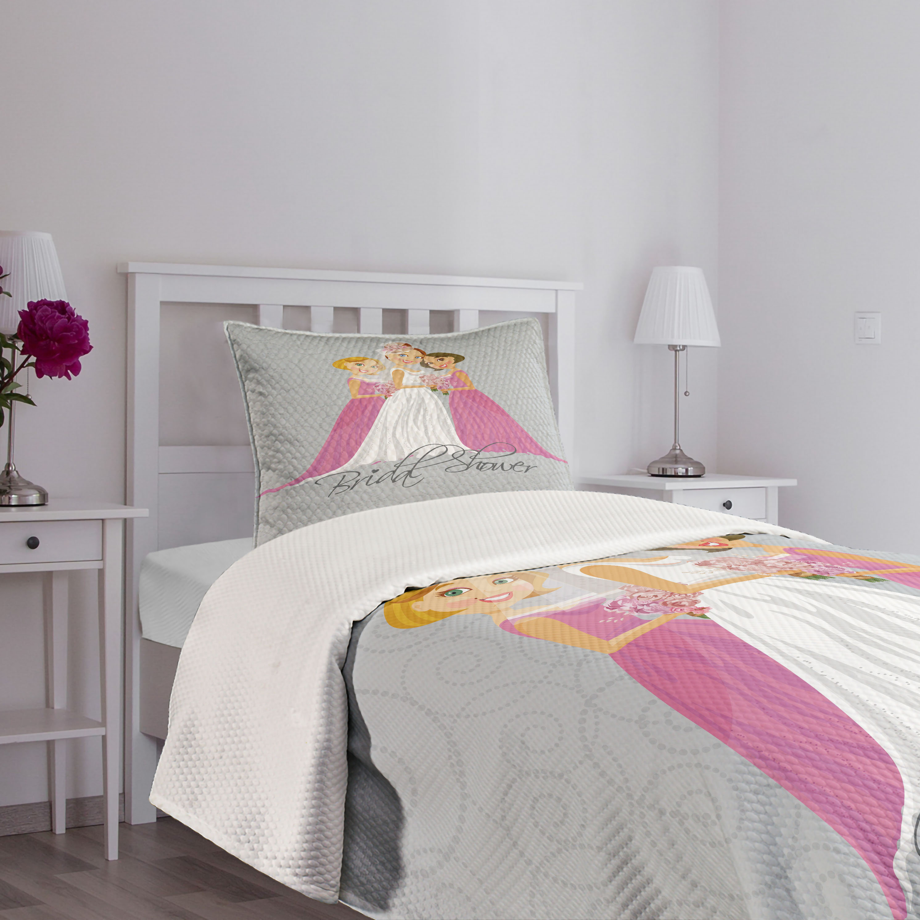Ambesonne Grey Bedspread Set 2 Pcs Bridesmaid Swirls Twin Grey Pink and ...