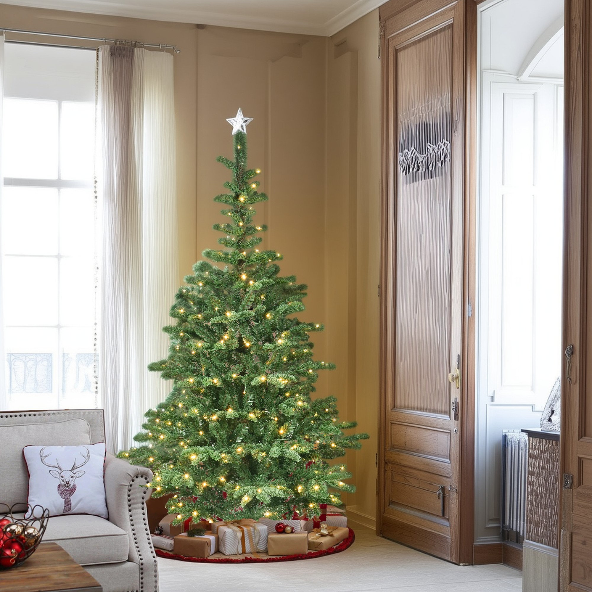 Cabinet Curvature Pre-Lit Christmas Tree With Realistic Layered ...