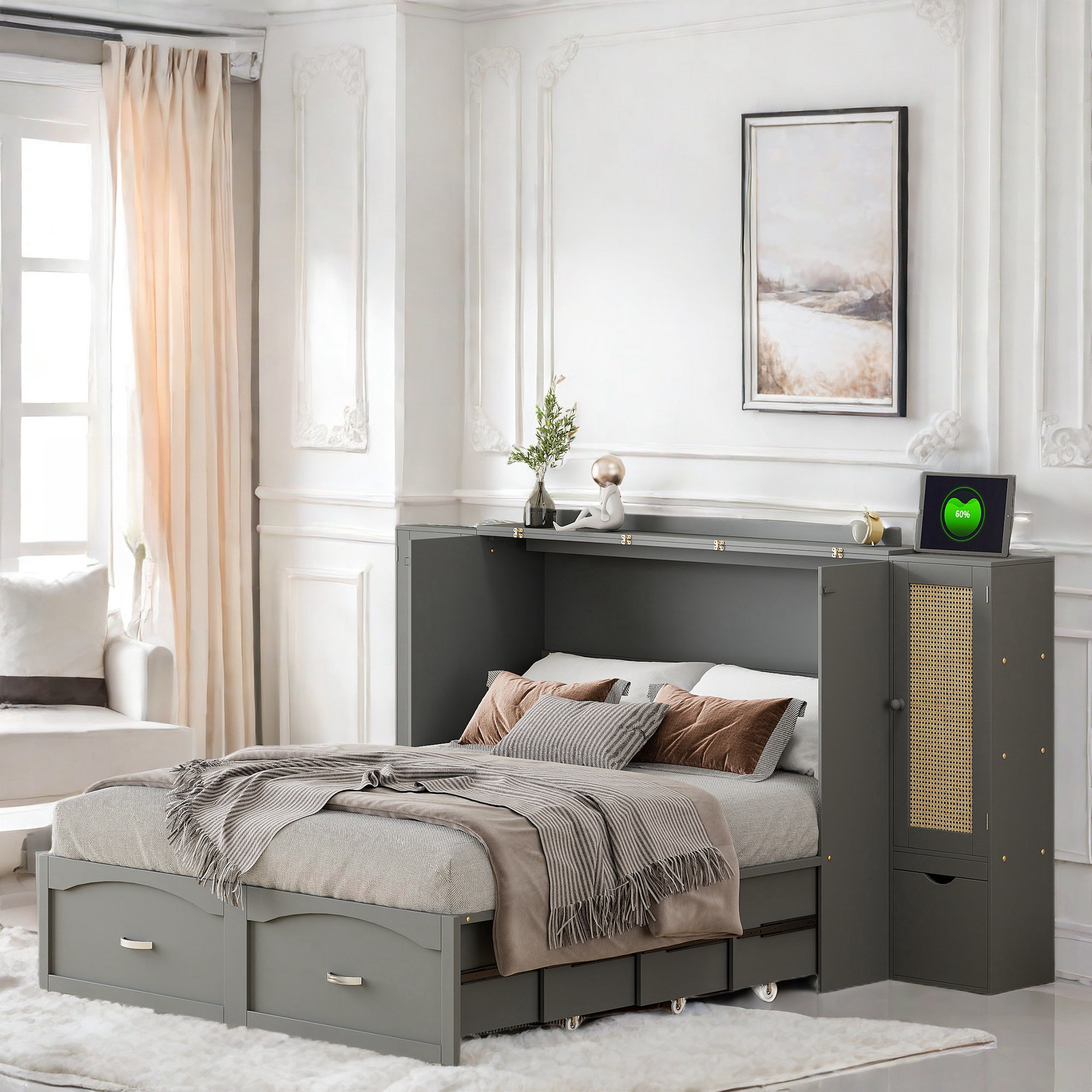 Bayou Breeze Camiren Murphy Bed Wall Bed with Drawer and Rattan ...