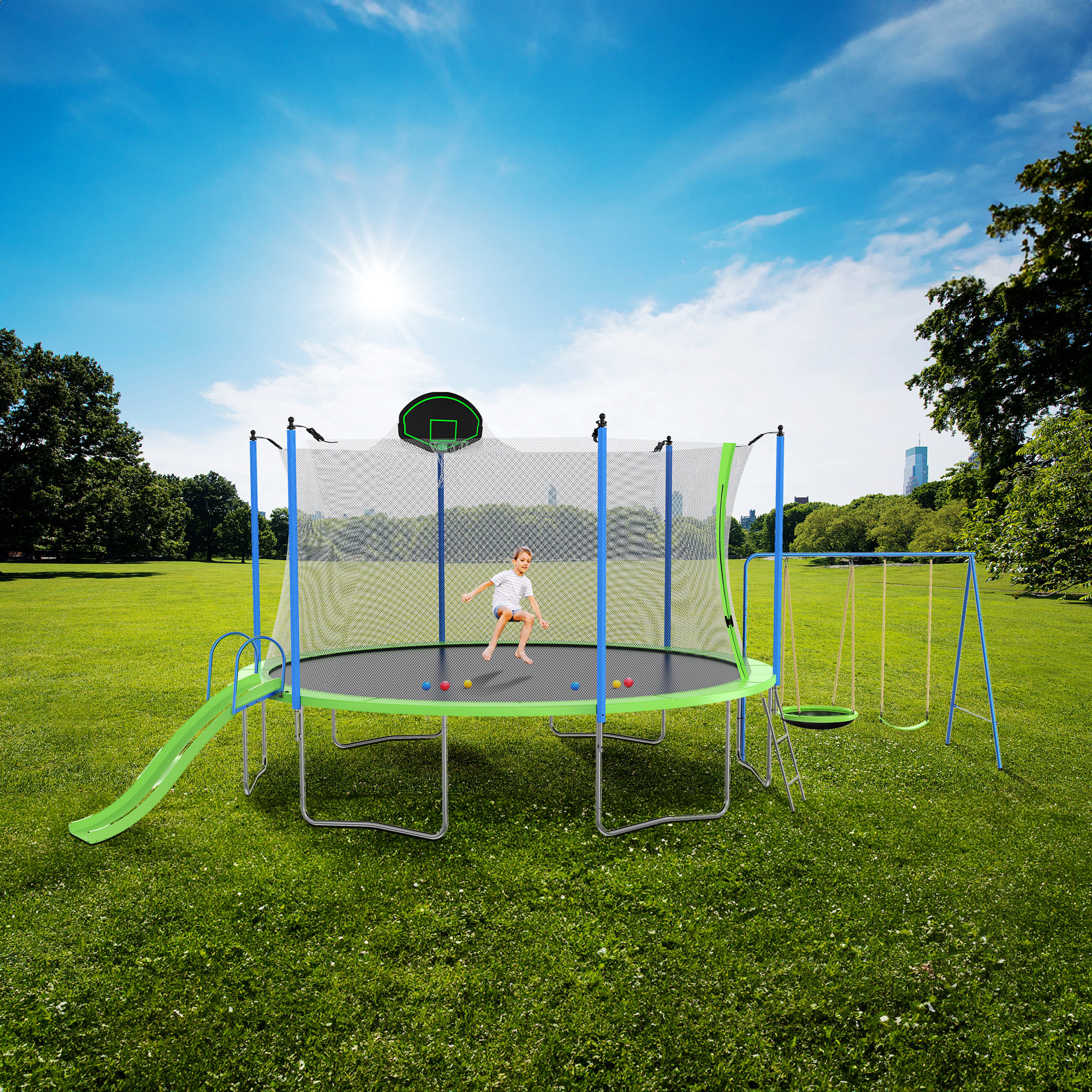 Creationstry Trampoline with Slide and Swings with Basketball Hoop and ...