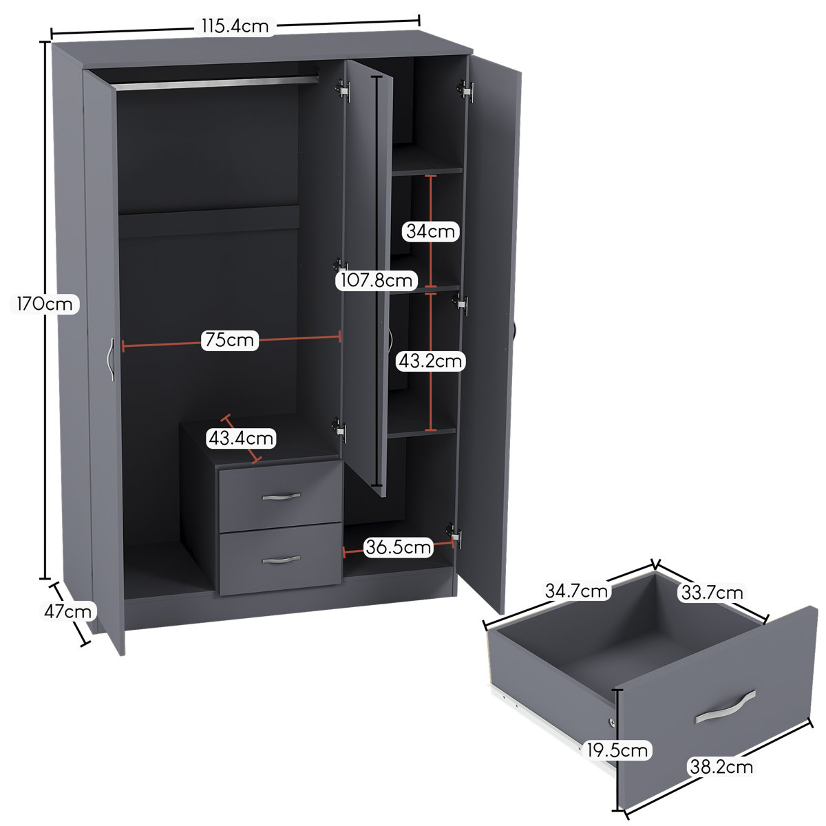 17 Stories Maybery 3 Door 2 Drawer Mirrored Wardrobe, With Shelf ...
