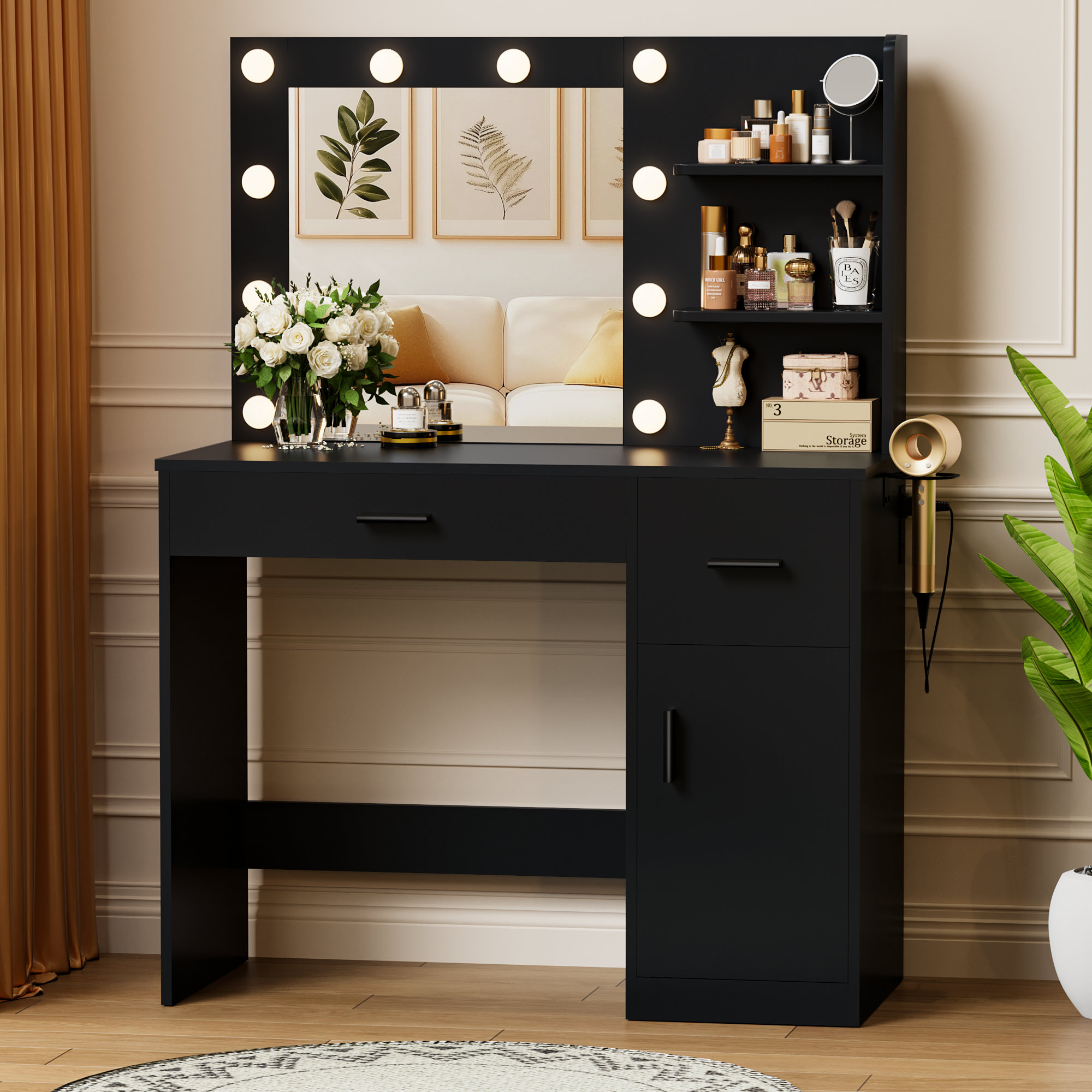 Ebern Designs Oveson Vanity Desk with Lighted Mirror & Power Outlet ...