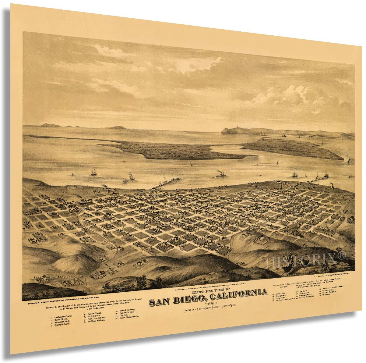 HISTORIC PRINTS HISTORIX Vintage 1876 San Diego Map Poster - 18X24 Inch ...