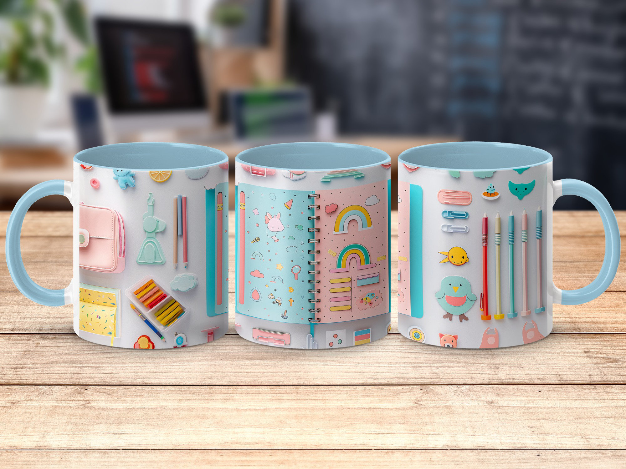 East Urban Home Set of 3 Kids Drawing Style 11oz Accent Mugs – White ...