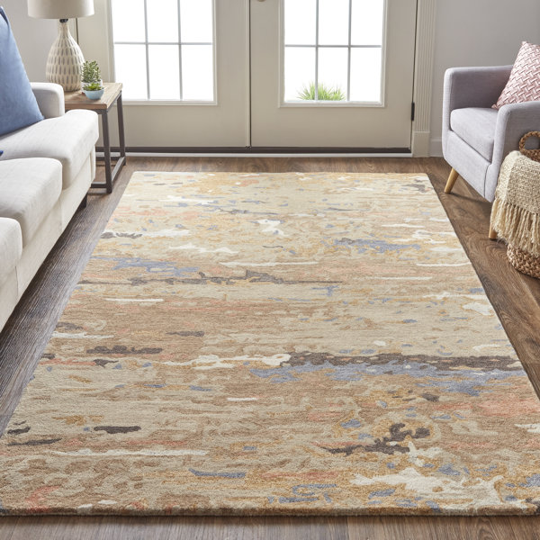 17 Stories Casual Abstract, Tan/Blue Area Rug | Wayfair