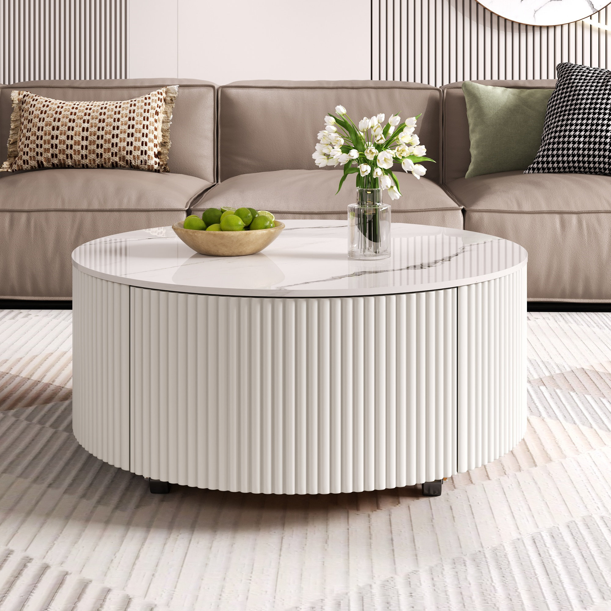 Latitude Run® Modern Round Movable Coffee Table With 2 Drawers & Marble ...