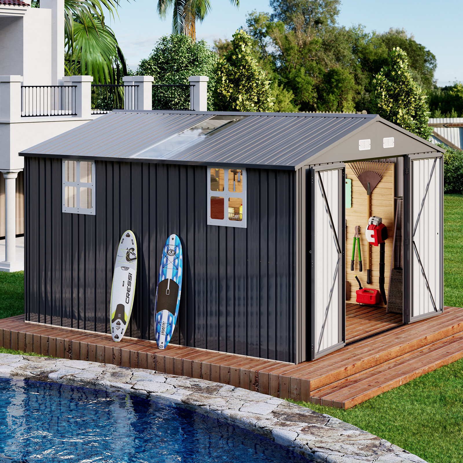 AMERLIFE 10.1x11.5x7.4 FT Galvanized Steel Storage Shed with 2 4-Pane ...