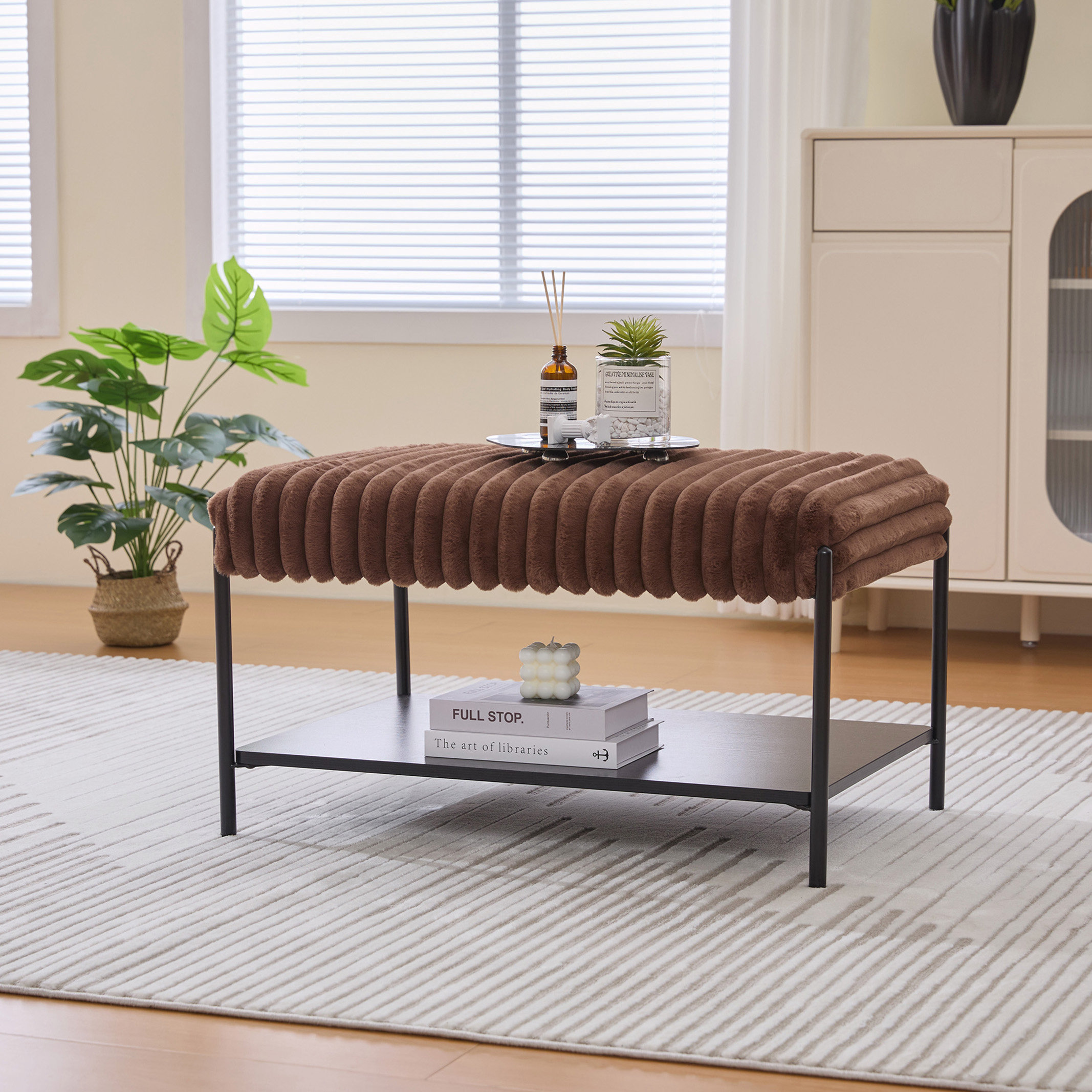 Mercer41 Footstool with Wooden Open Storage Shelf | Wayfair