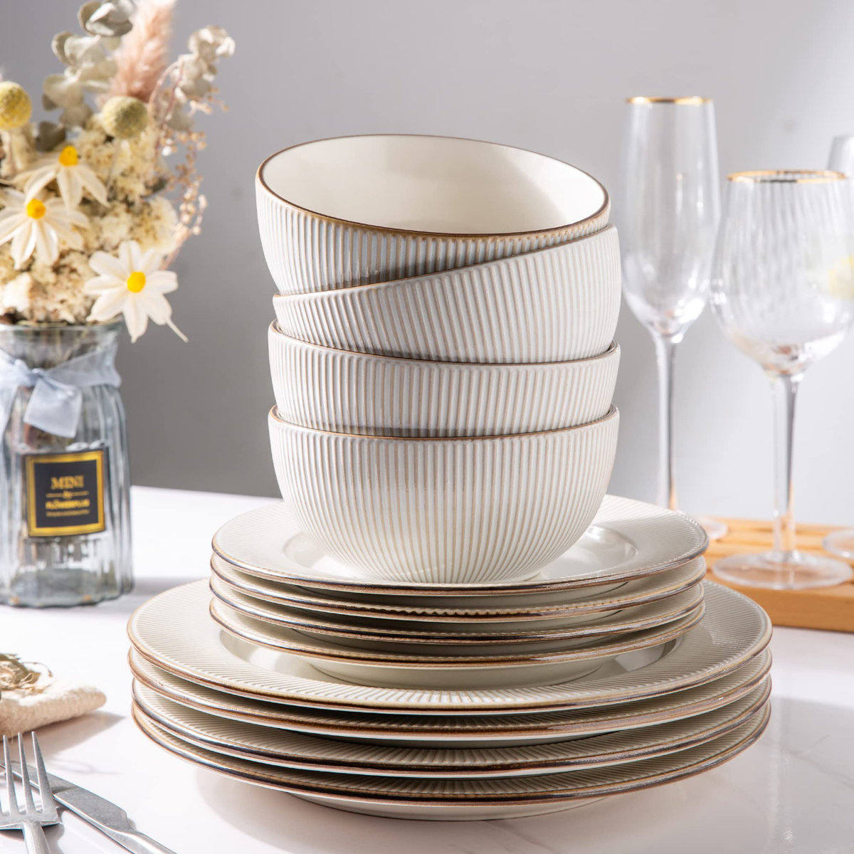 Hokku Designs 12-Piece Ceramic Dinnerware Set – Elegant Embossed ...