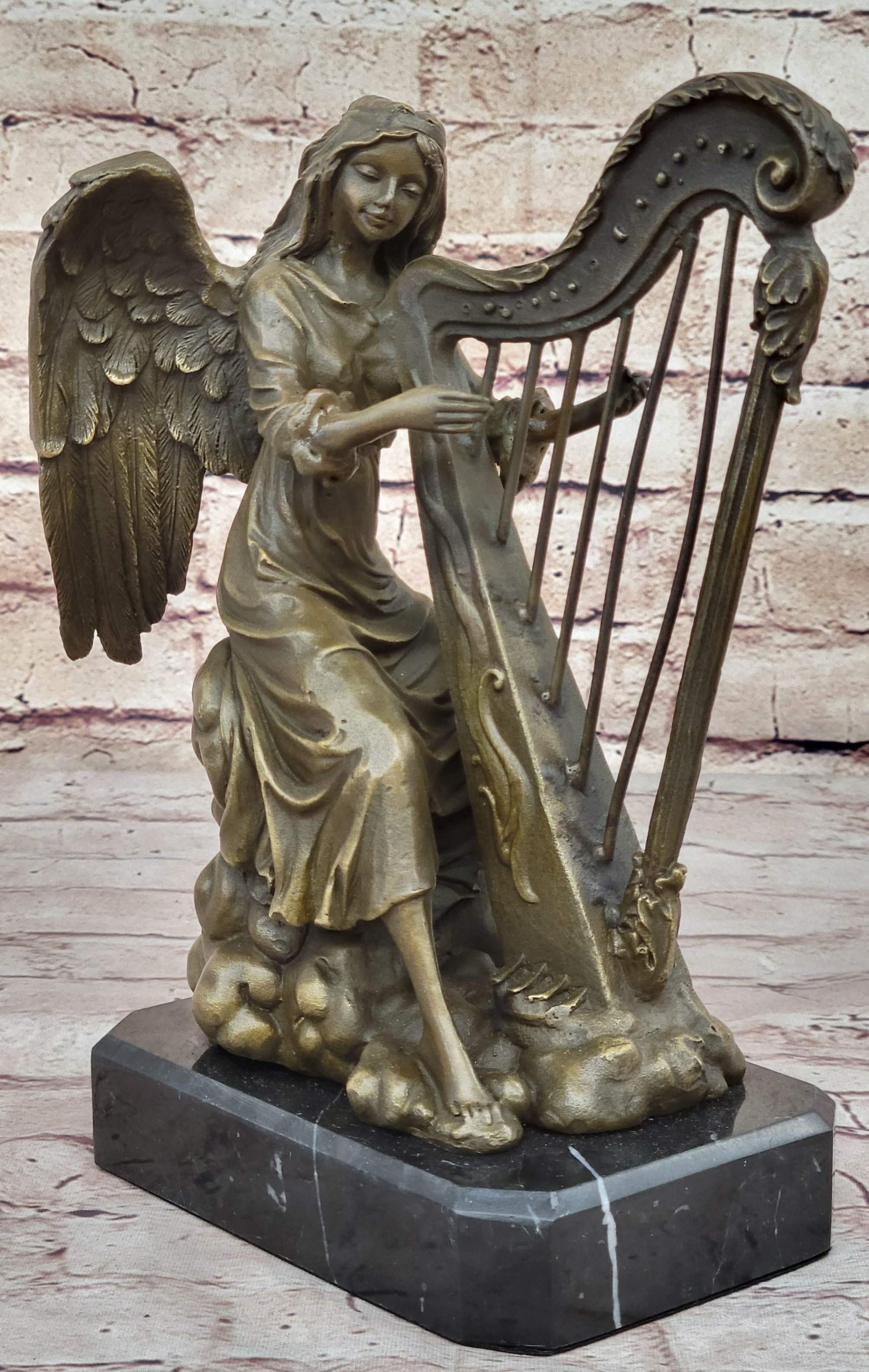 Trinx Winged Female Angel Playing Heavenly Harp - Bronze Memorial ...